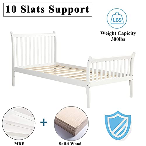 Merax Twin Bed Frames, Twin Platform Bed with Headboard and Footboard, Wood Twin Bed Frame with Slat Supports for Kids Girls Boys, No Box Spring Needed,White