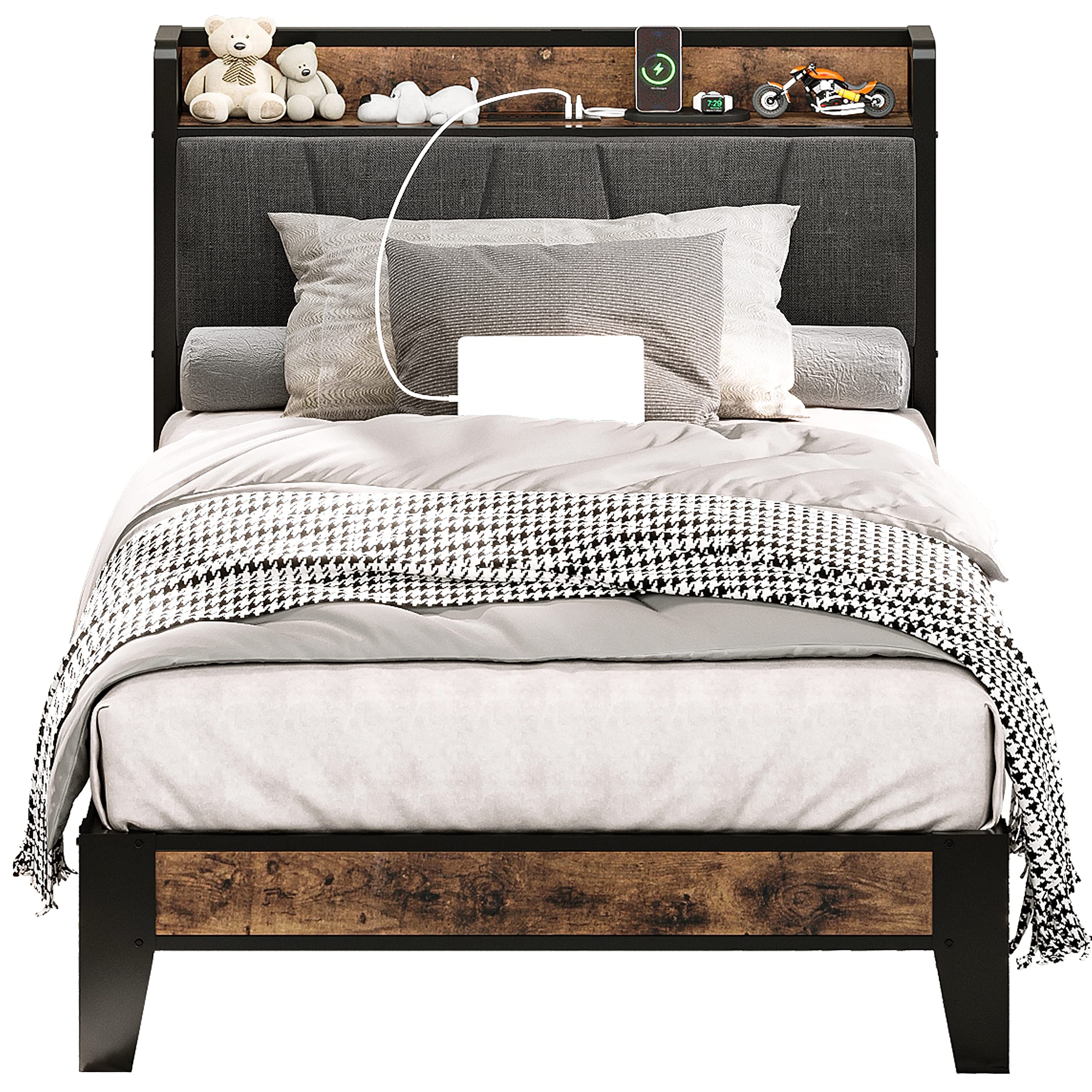 LIKIMIO Twin Bed Frames, Storage Headboard with Charging Station, Solid and Stable, Noise Free, No Box Spring Needed, Easy Assembly