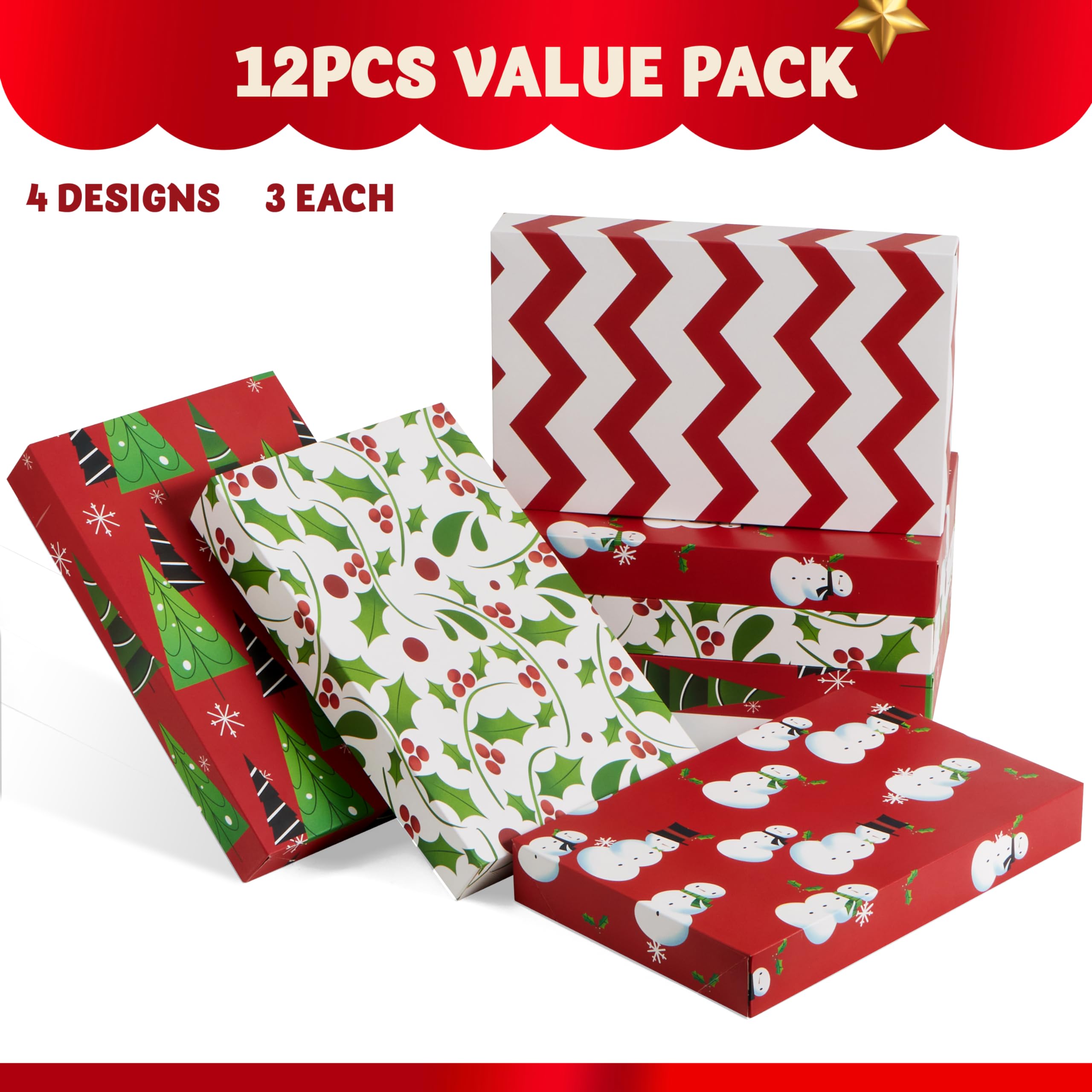 JOYIN 12 Pcs 14" x 9.5" x 2" Christmas Tone Shirt Wrap Boxes with Lid and Base, Clothes, Wrapping Robe Boxes,Gift Boxes, Xmas Goody Gift Boxes for Christmas, Birthdays, Wedding, 4 Designs