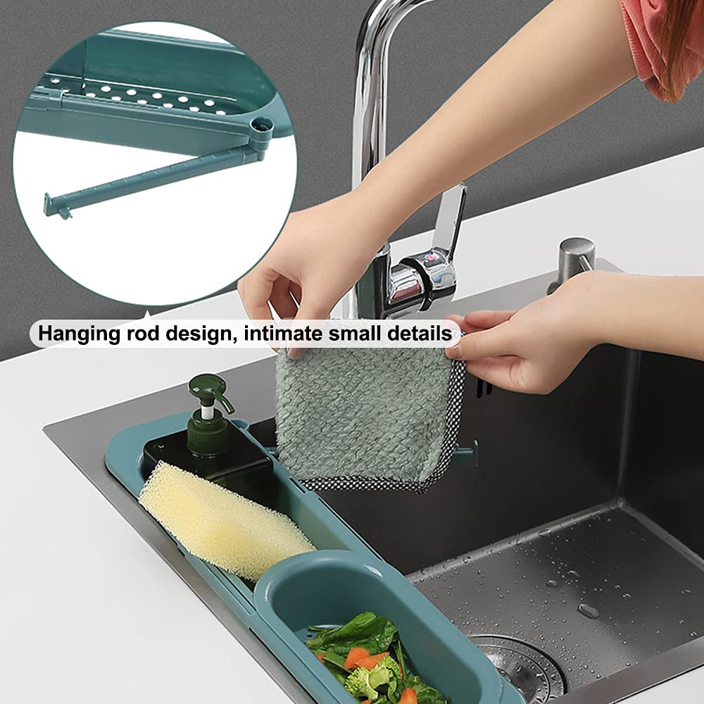 Telescopic Sponge Holder for Kitchen Sink Organizer Telescopic Sink Storage Rack Holder Telescopic Sink Shelf Kitchen Kitchen Sink Drain Basket Telescoping Sink Caddy Adjustable for Home(Green)