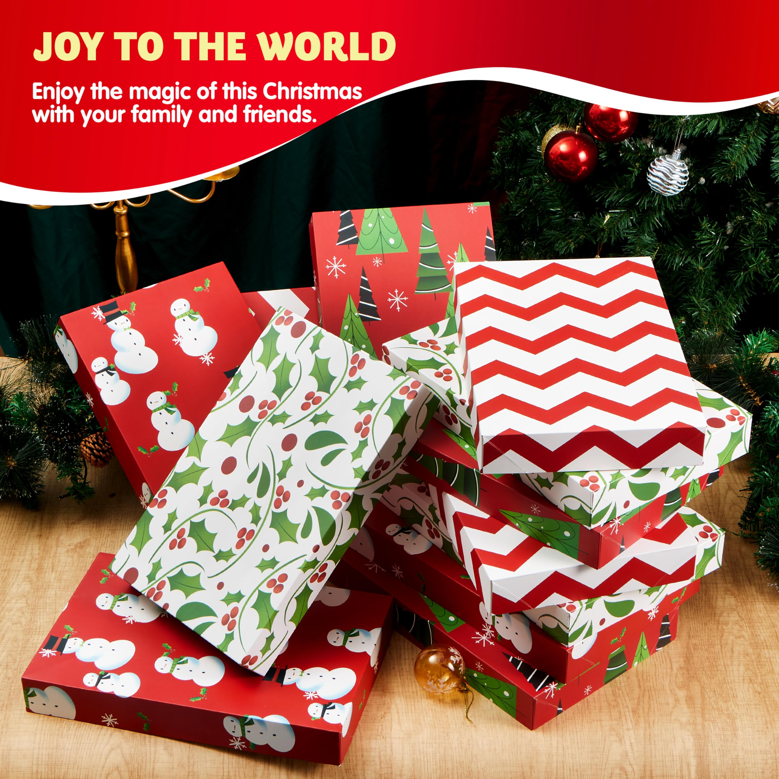 JOYIN 12 Pcs 14" x 9.5" x 2" Christmas Tone Shirt Wrap Boxes with Lid and Base, Clothes, Wrapping Robe Boxes,Gift Boxes, Xmas Goody Gift Boxes for Christmas, Birthdays, Wedding, 4 Designs