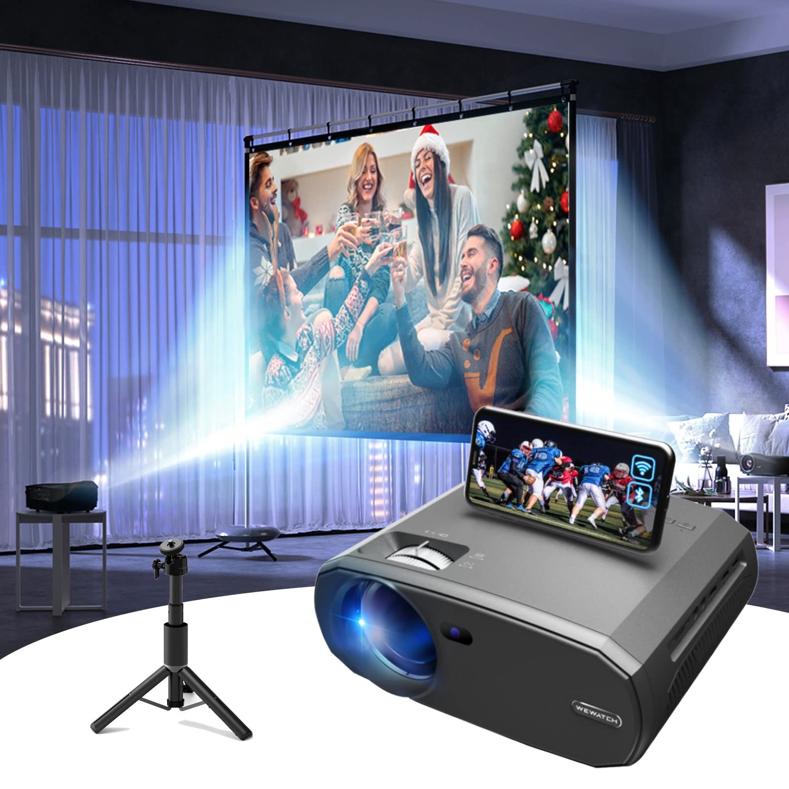 WEWATCH V50 5G WiFi Projector 1080P with Blutooth (Gray), PS101 Adjustable Height Table Projector Tripod Stand
