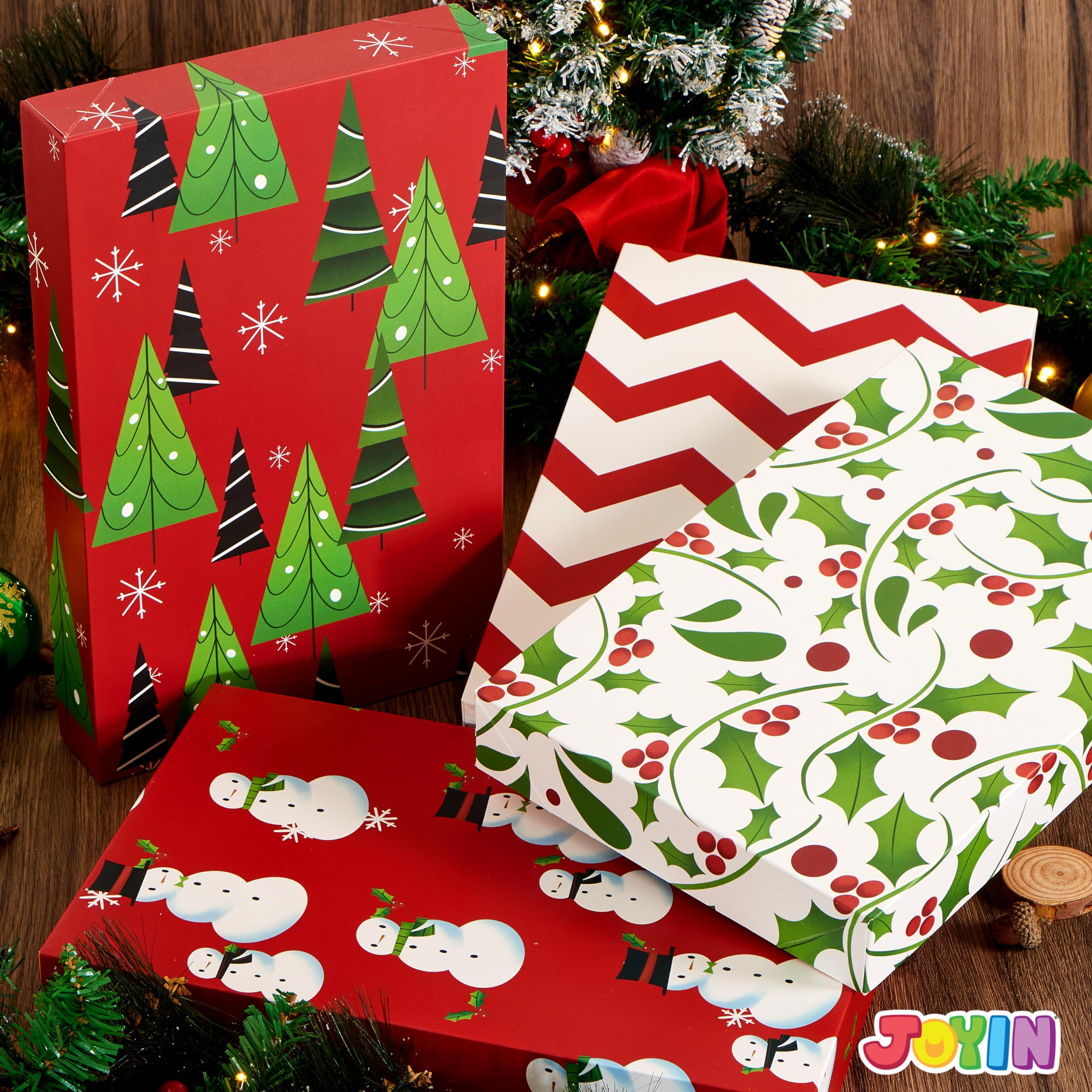 JOYIN 12 Pcs 14" x 9.5" x 2" Christmas Tone Shirt Wrap Boxes with Lid and Base, Clothes, Wrapping Robe Boxes,Gift Boxes, Xmas Goody Gift Boxes for Christmas, Birthdays, Wedding, 4 Designs