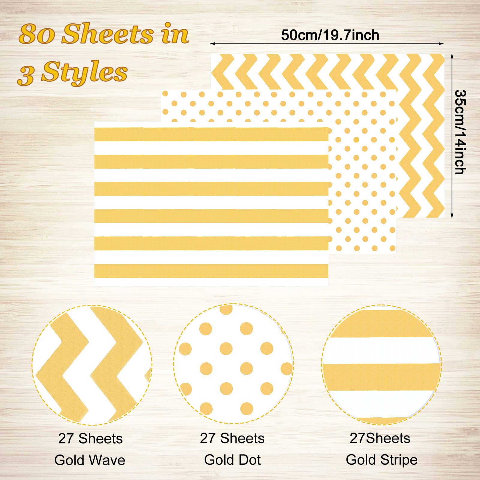 80 Sheets Gold White Tissue Paper Bulk - Artdly 14"x20" Metallic Tissue Paper Gift Wrap Paper Set with Stripe, Polka Dot, Wave Gold Design Patterned for Birthday, Graduation, DIY and Craft, Gift Bags
