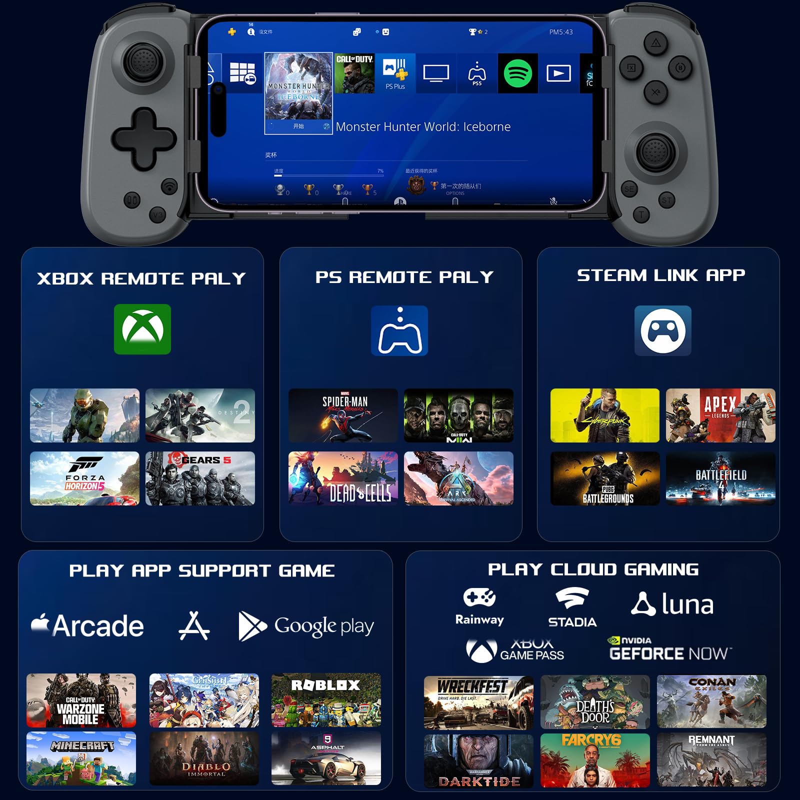 arVin Mobile Gaming Controller for iPhone, Android with Phone CASE Support, Wireless Gamepad for iPhone/iPad/Samsung/Tablet/Switch/PS4/PC - Play Xbox Cloud Gaming/PS Remote Play/Steam Link/GeForce Now