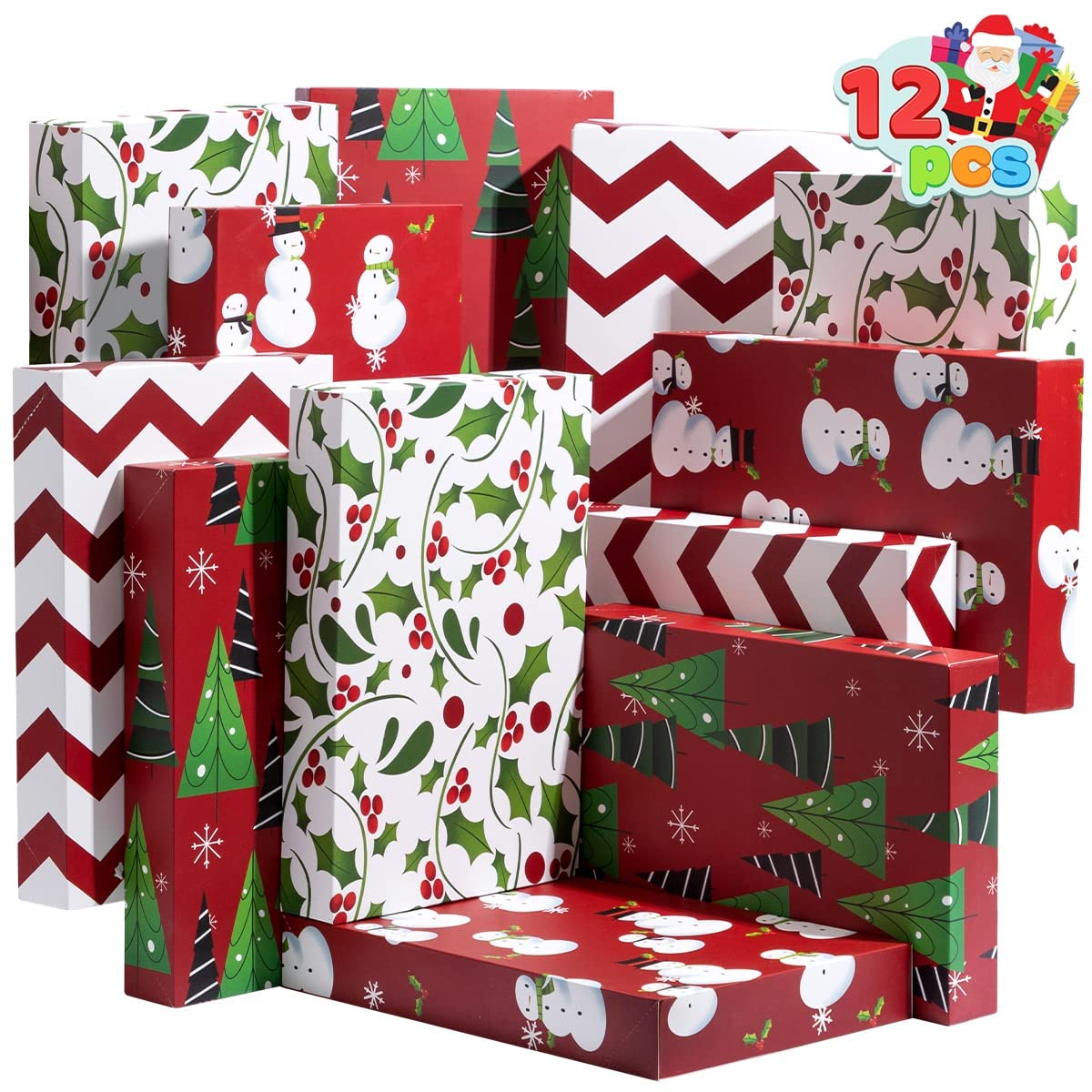 JOYIN 12 Pcs 14" x 9.5" x 2" Christmas Tone Shirt Wrap Boxes with Lid and Base, Clothes, Wrapping Robe Boxes,Gift Boxes, Xmas Goody Gift Boxes for Christmas, Birthdays, Wedding, 4 Designs