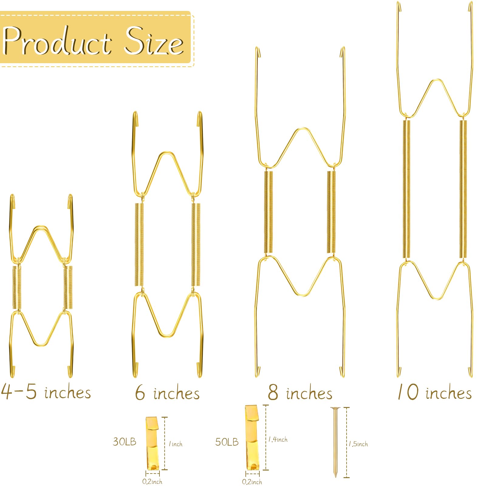 20 Pieces 20 Pieces Plate Hangers 4/5, 6, 8, 10 Inches Invisible Wall Plate Hangers Stainless Decorative Wire Plate Hangers with 20 Pieces Hangers Hook with Nails for Antique Plates and Art (Gold)