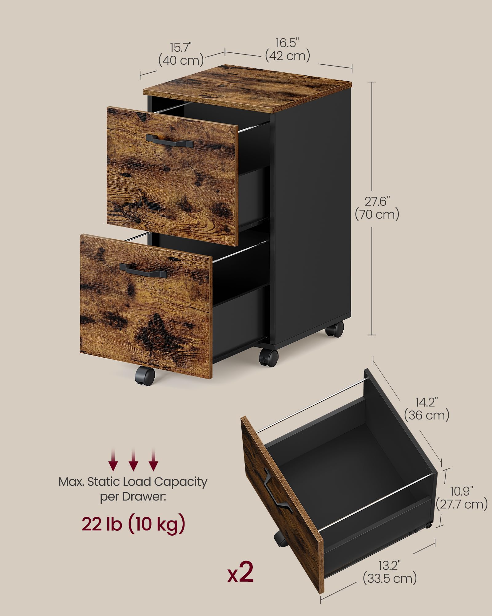 VASAGLE File Cabinet, with 2 Drawers, Mobile Filing Cabinet with Wheels, for A4, Letter Sized Documents, Hanging File Folders, Rustic Brown and Black UOFC040B01