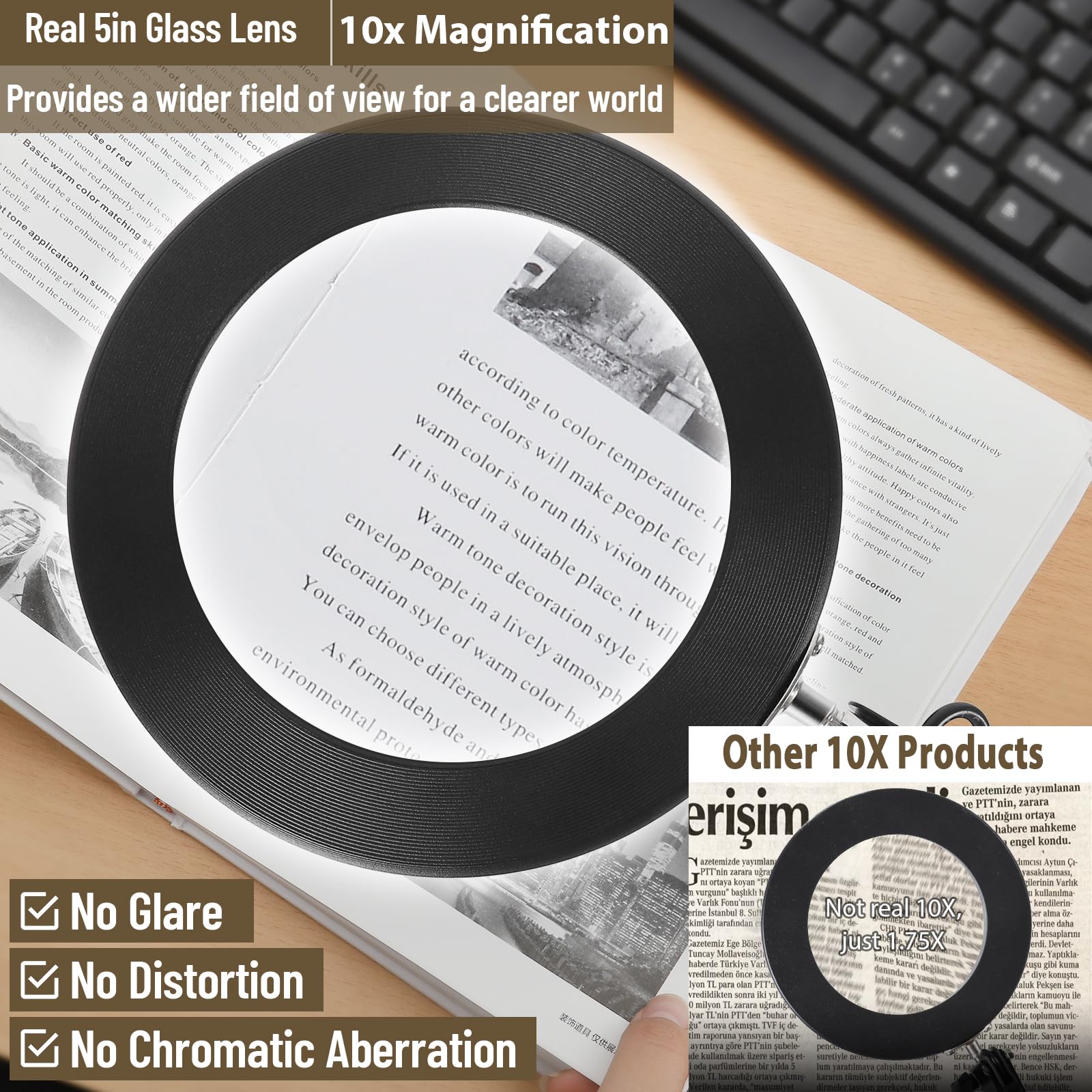 LANCOSC Magnifying Glass with Light and Stand, 5 Inches 5X Real Glass Lens, 3 Color Modes Stepless Dimmable LED Desk Lamp, Adjustable Arm Lighted Magnifier Light for Reading Repair Crafts Close Work