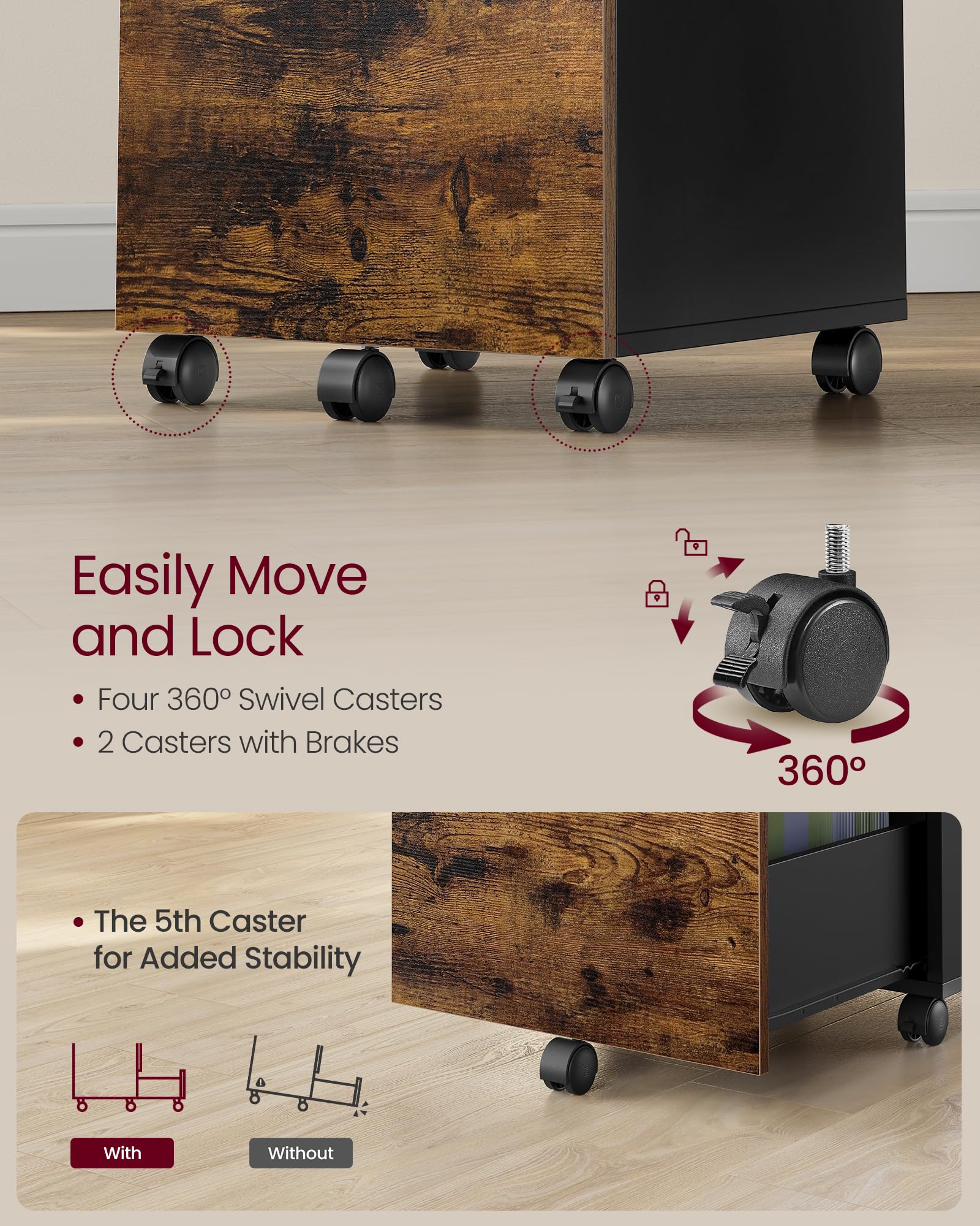 VASAGLE File Cabinet, with 2 Drawers, Mobile Filing Cabinet with Wheels, for A4, Letter Sized Documents, Hanging File Folders, Rustic Brown and Black UOFC040B01