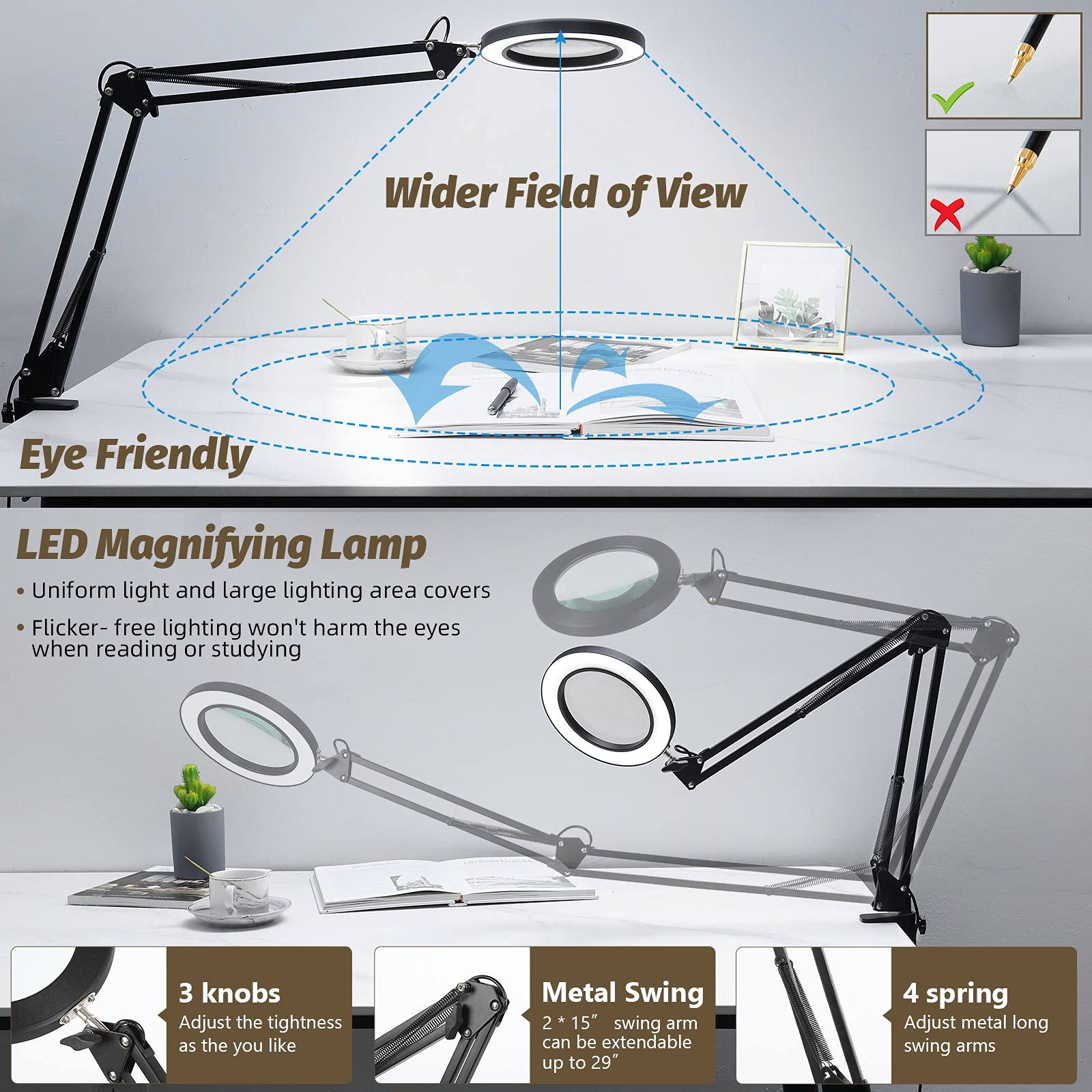 LANCOSC Magnifying Glass with Light and Stand, 5 Inches 5X Real Glass Lens, 3 Color Modes Stepless Dimmable LED Desk Lamp, Adjustable Arm Lighted Magnifier Light for Reading Repair Crafts Close Work