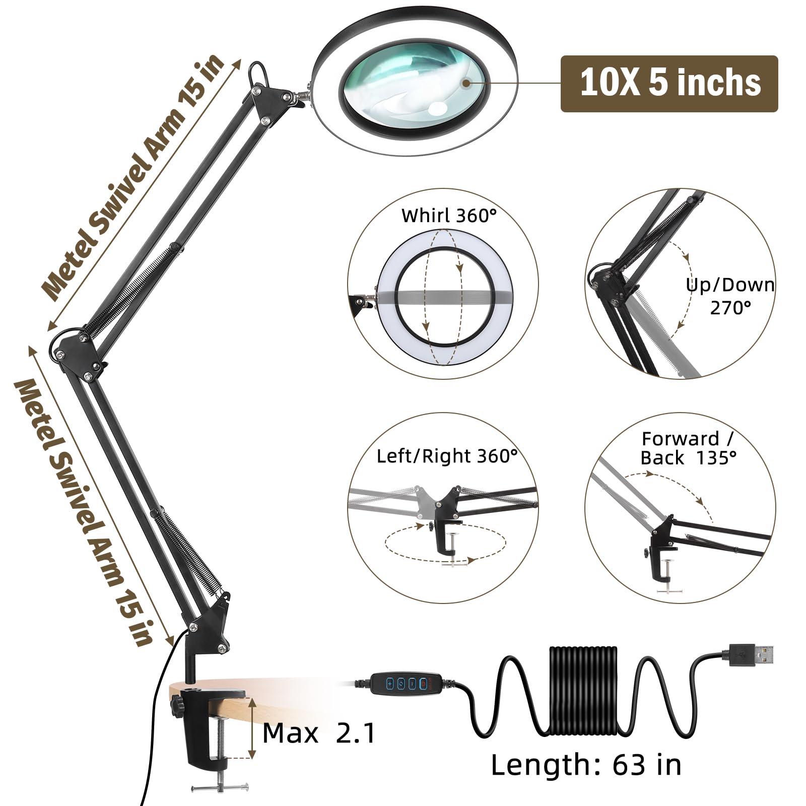 LANCOSC Magnifying Glass with Light and Stand, 5 Inches 5X Real Glass Lens, 3 Color Modes Stepless Dimmable LED Desk Lamp, Adjustable Arm Lighted Magnifier Light for Reading Repair Crafts Close Work