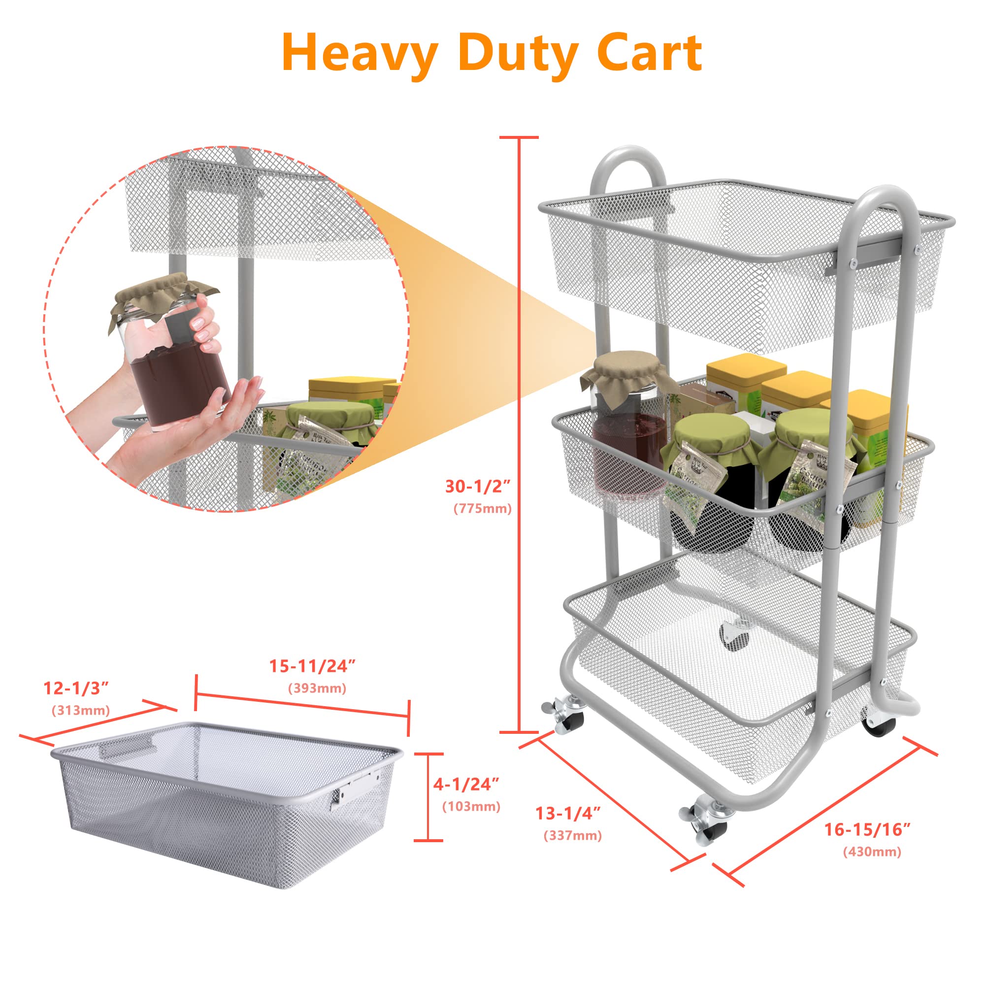 DESIGNA 3-Tier Rolling Utility Cart Storage Shelves Multifunction, Metal Mesh Baskets, Pantry Cart with Lockable Wheels, Gray