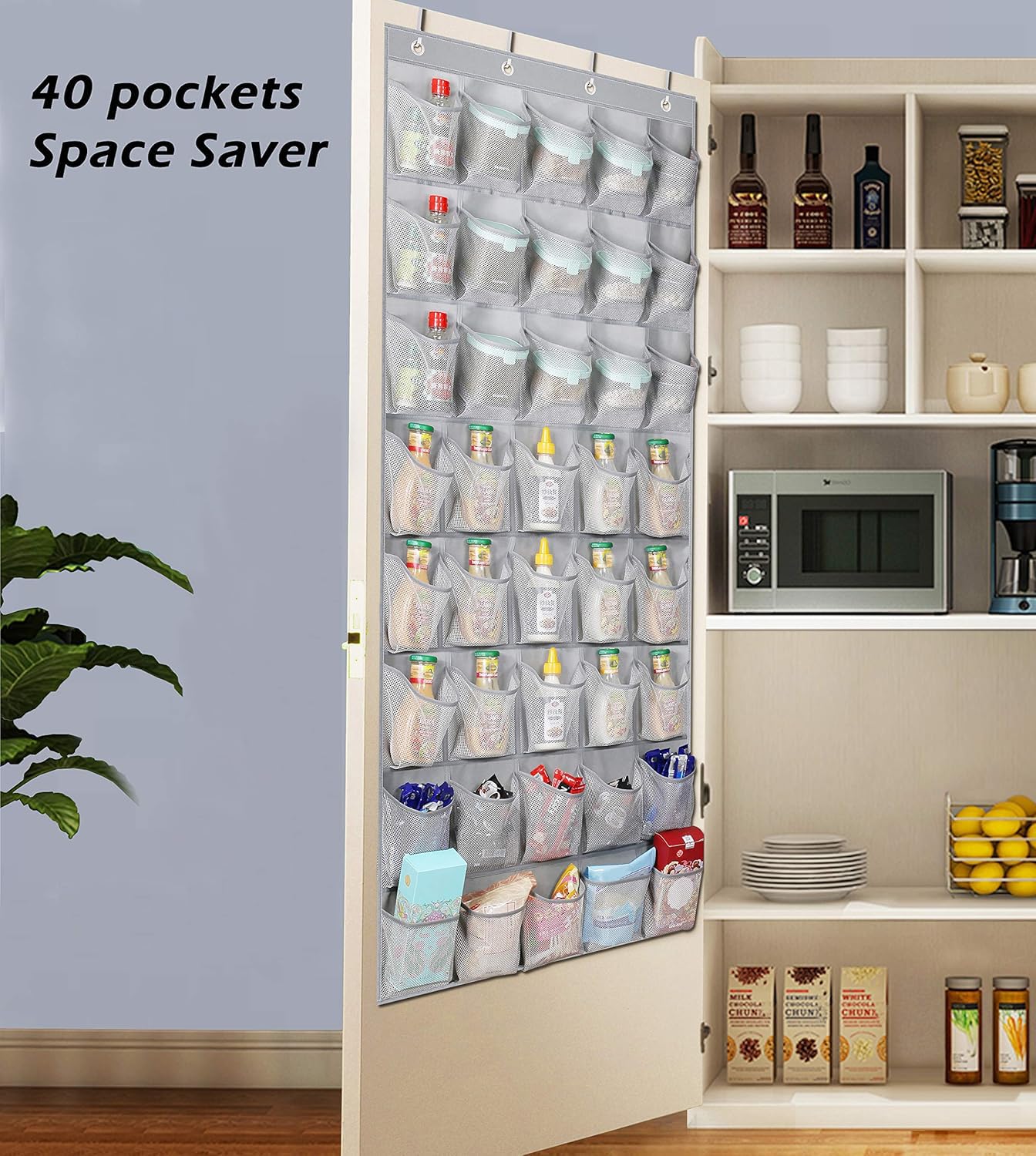 KIMBORA Large Hanging Storage Organizer Wide Over the Door Pantry Organizer kids Shoe Rack with 40 Mesh Pockets for Bathroom Cleaning Room, Grey