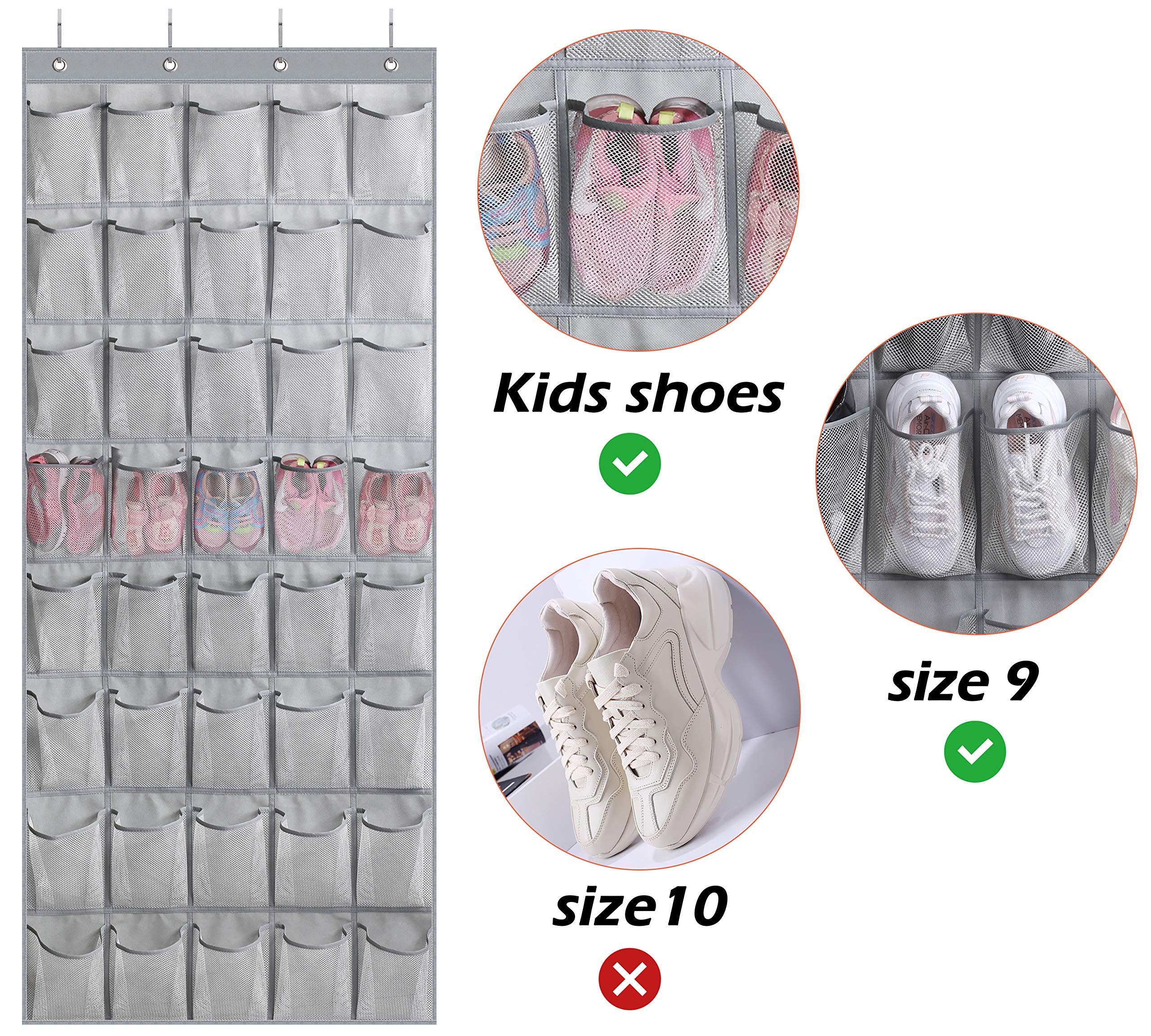 KIMBORA Large Hanging Storage Organizer Wide Over the Door Pantry Organizer kids Shoe Rack with 40 Mesh Pockets for Bathroom Cleaning Room, Grey