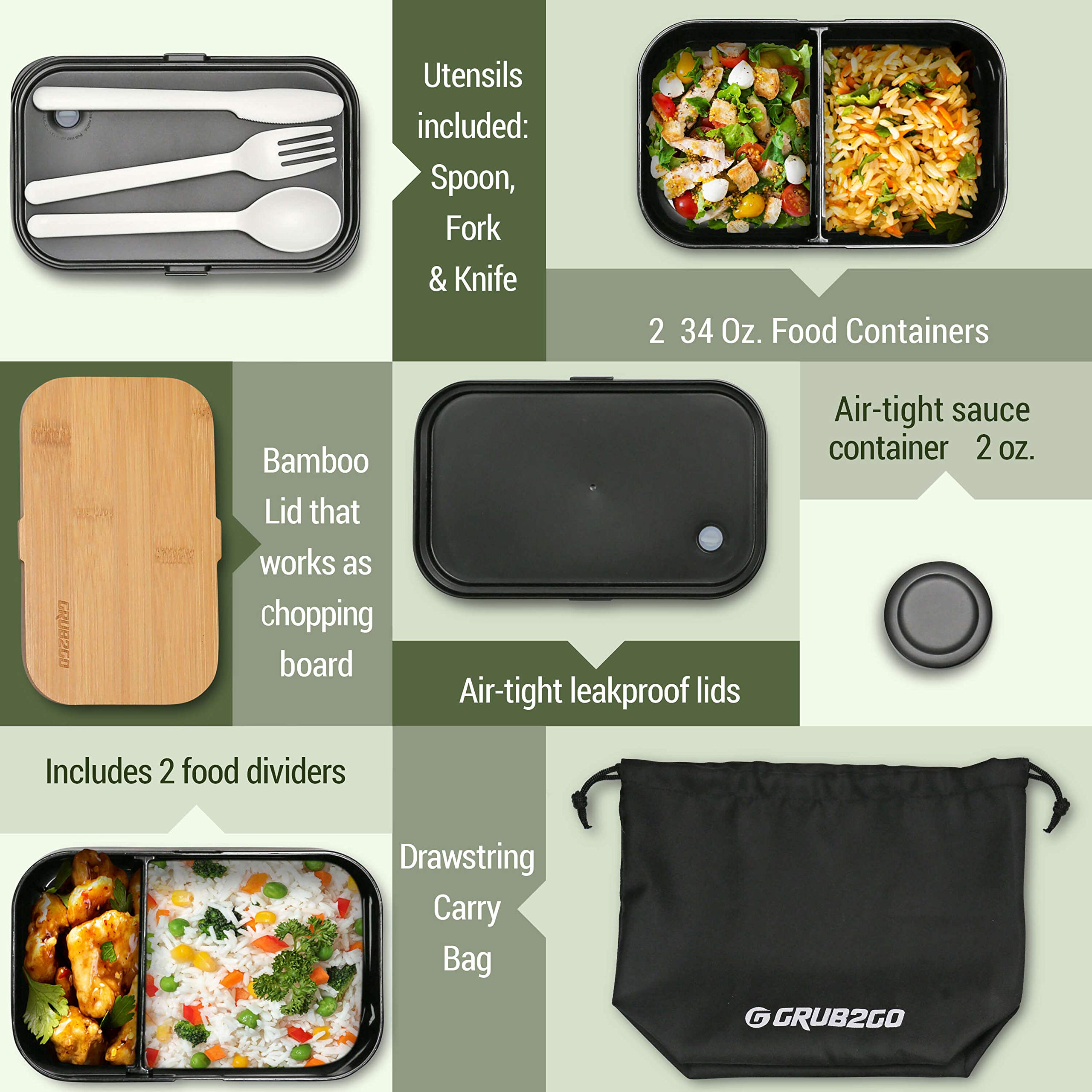 GRUB2GO Premium Bento Lunch Box (Large 68 Oz Capacity) | 2023 Exclusive, 70% Bigger | Includes Bamboo Chopping Board Lid, Carry Bag, 2 Dividers, Utensils, Sauce Container