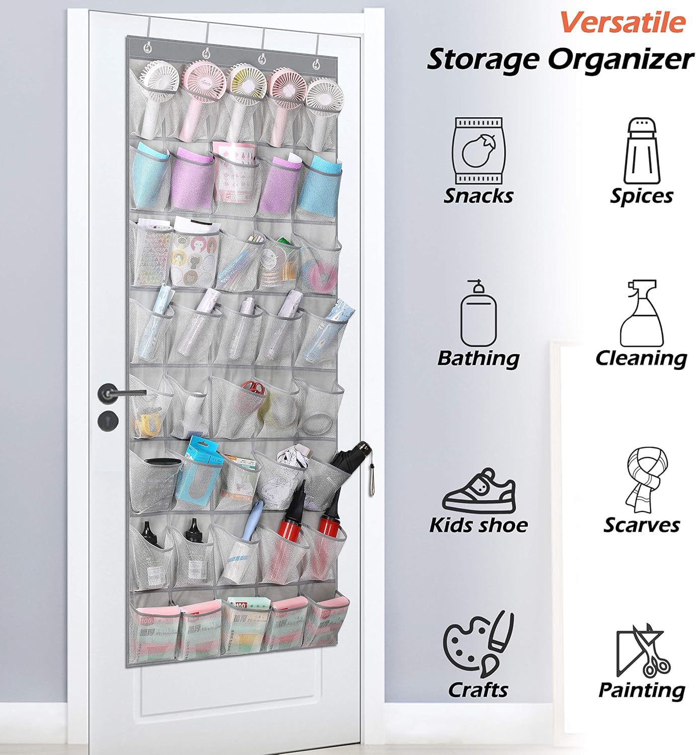 KIMBORA Large Hanging Storage Organizer Wide Over the Door Pantry Organizer kids Shoe Rack with 40 Mesh Pockets for Bathroom Cleaning Room, Grey