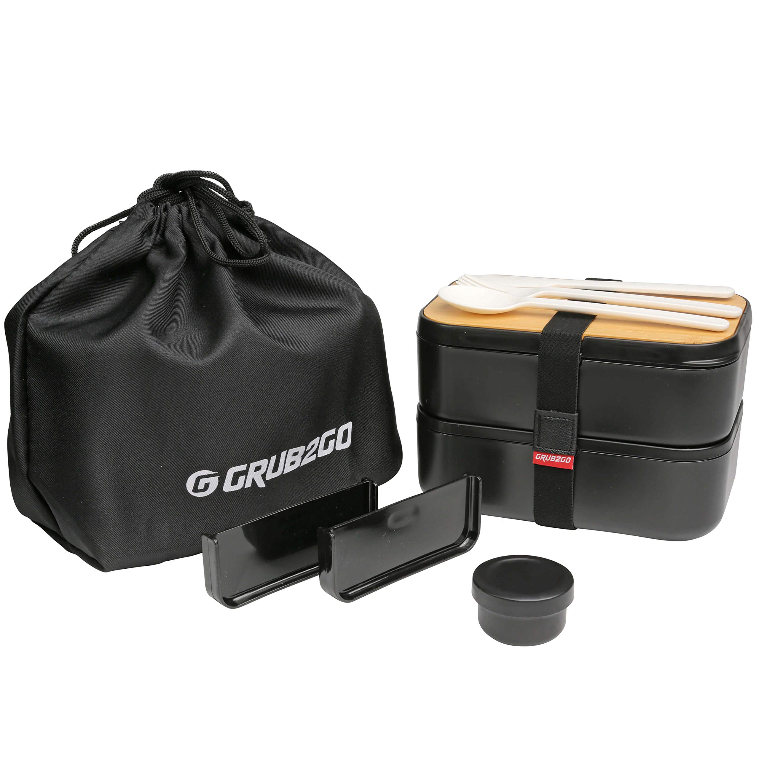 GRUB2GO Premium Bento Lunch Box (Large 68 Oz Capacity) | 2023 Exclusive, 70% Bigger | Includes Bamboo Chopping Board Lid, Carry Bag, 2 Dividers, Utensils, Sauce Container