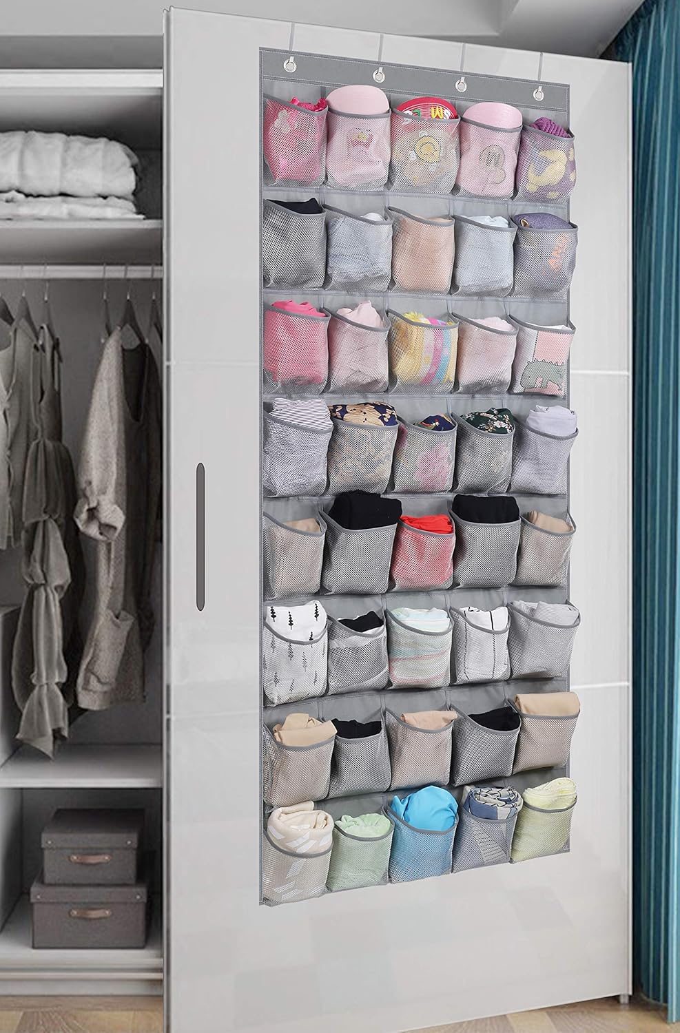 KIMBORA Large Hanging Storage Organizer Wide Over the Door Pantry Organizer kids Shoe Rack with 40 Mesh Pockets for Bathroom Cleaning Room, Grey