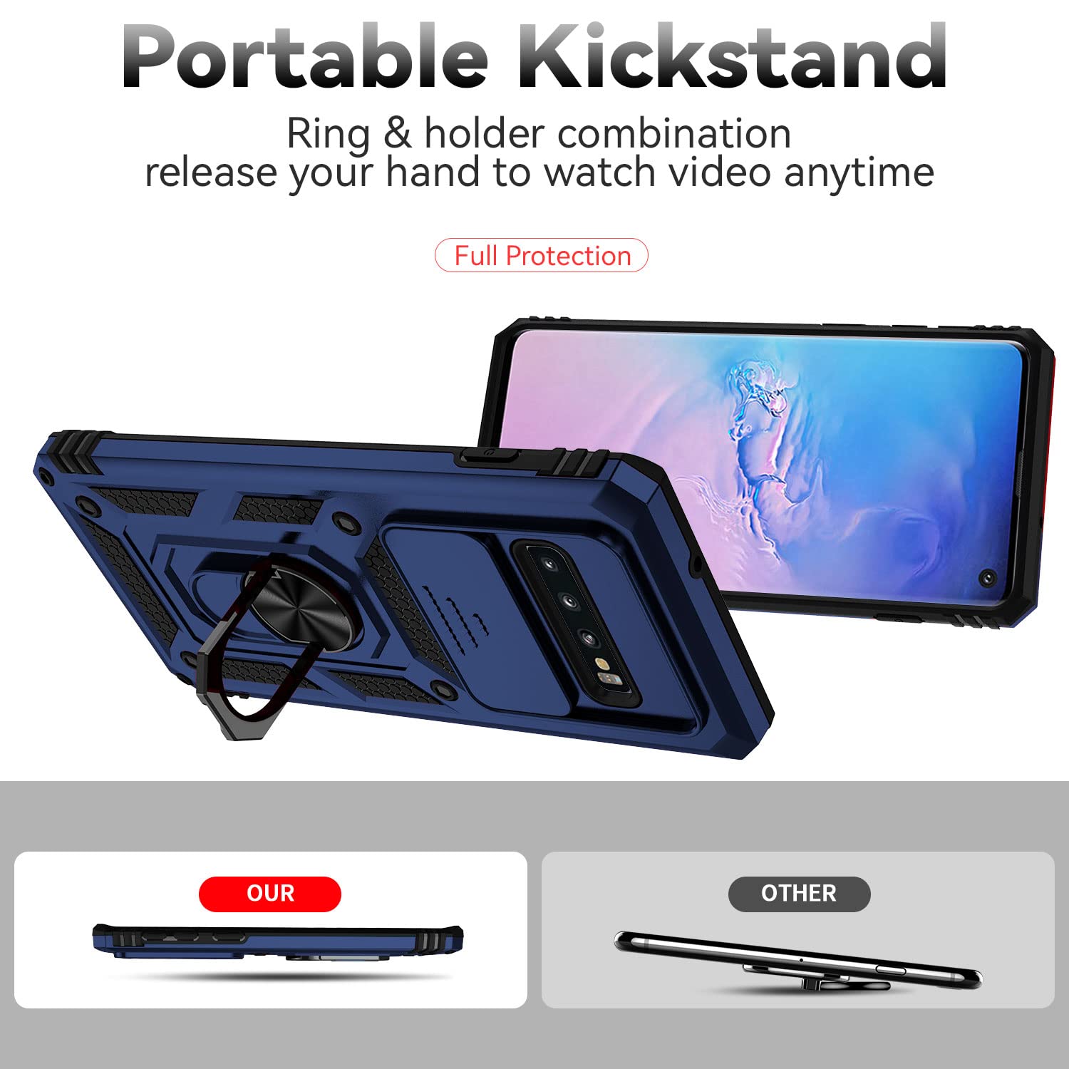 for Samsung Galaxy S10 Case with Camera Lens Cover HD Screen Protector, Dual Layer Military-Grade Drop Tested Magnetic Ring Holder Kickstand Protective Phone Case for Samsung Galaxy S10 (Navy Blue)