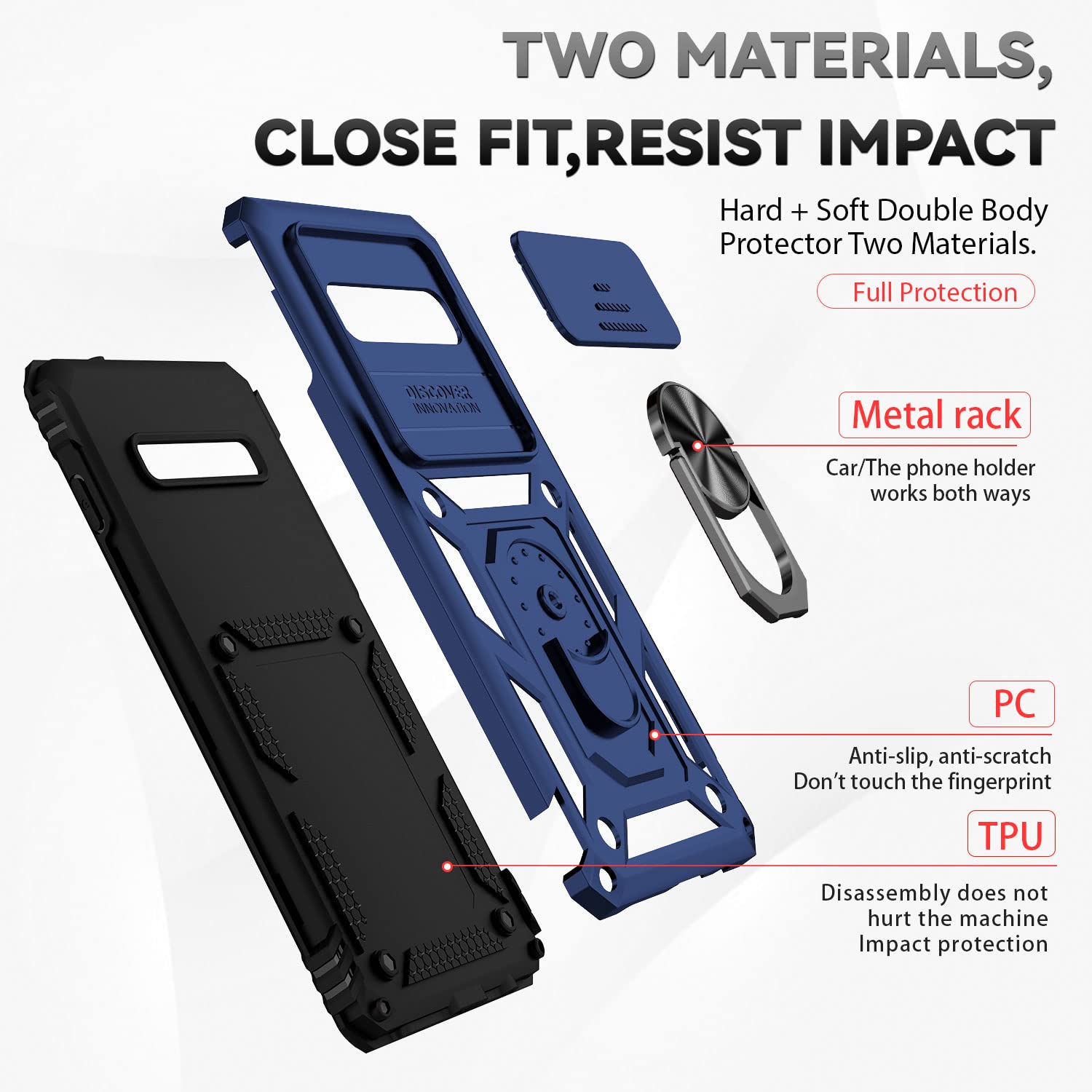 for Samsung Galaxy S10 Case with Camera Lens Cover HD Screen Protector, Dual Layer Military-Grade Drop Tested Magnetic Ring Holder Kickstand Protective Phone Case for Samsung Galaxy S10 (Navy Blue)