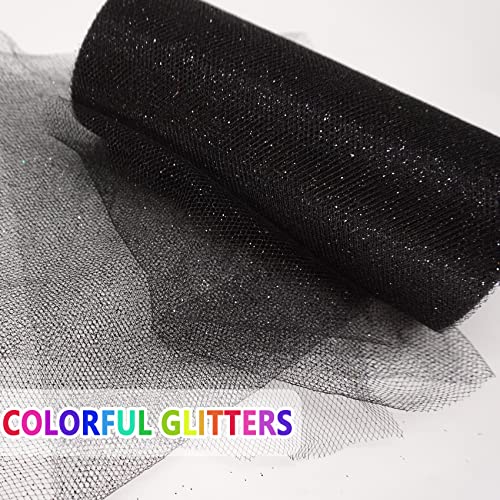 Ableme Deco Black Glitter Tulle Fabric Rolls, 6 Inch by 25 Yards (75 feet) Ribbon Spool Sparkle Sequin Tulle for Tutu Gift Wrapping Wedding Bow Decoration Party Supplies (Black)