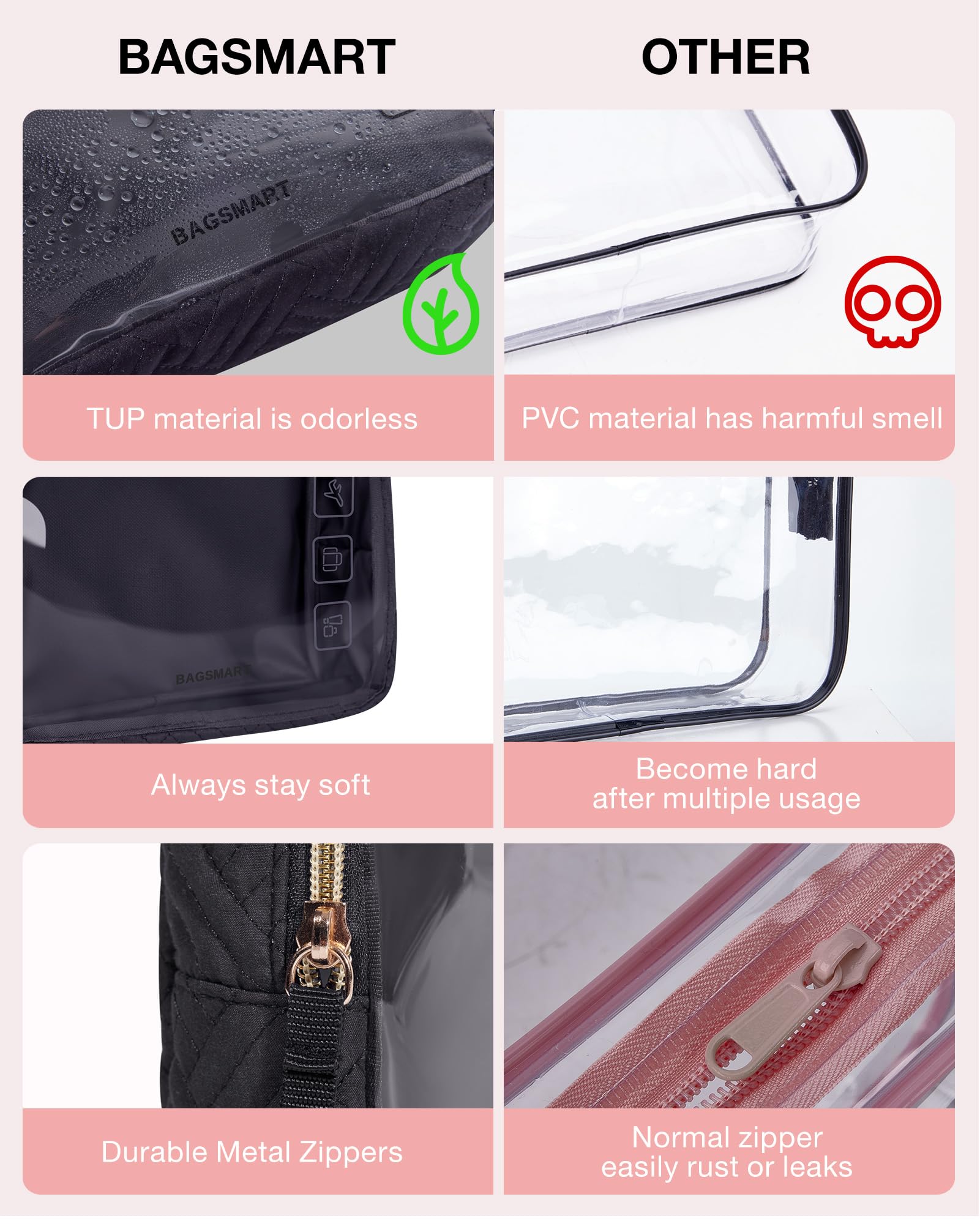 BAGSMART TSA Approved Toiletry Bag, 3 Pack Clear Makeup Cosmetic Bag Organizer, Quart Size Travel Bag for Toiletries, Carry-on Travel Accessories Essentials - Black