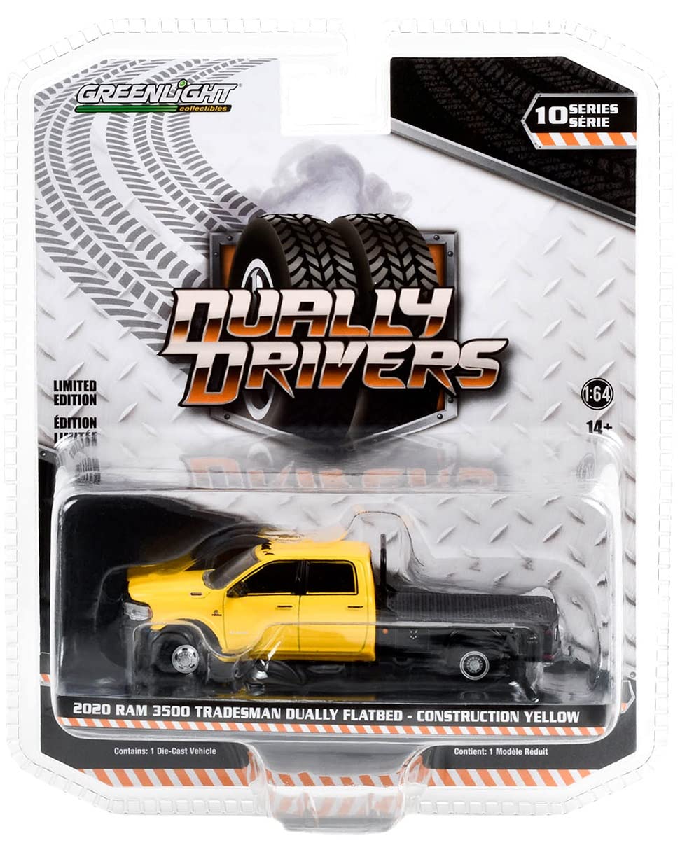 Greenlight 46100-F Dually Drivers Series 10 - 2020 Ram 3500 Tradesman Dually Flatbed - Construction Yellow 1:64 Scale Diecast