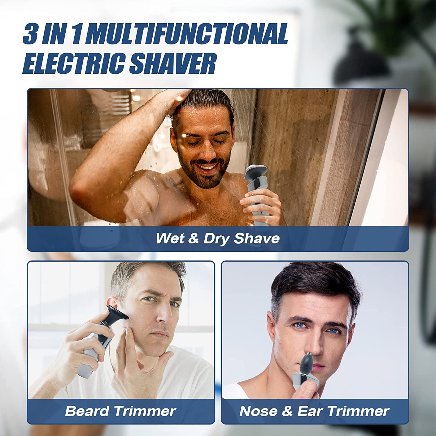 Electric Shaver for Men, Yevheniys Wet and Dry Rechargeable Cordless Beard Shavers 3 in 1 Waterproof Rotary Face Shaver Razors Suitable Gifts for Men - USB Cable Charging