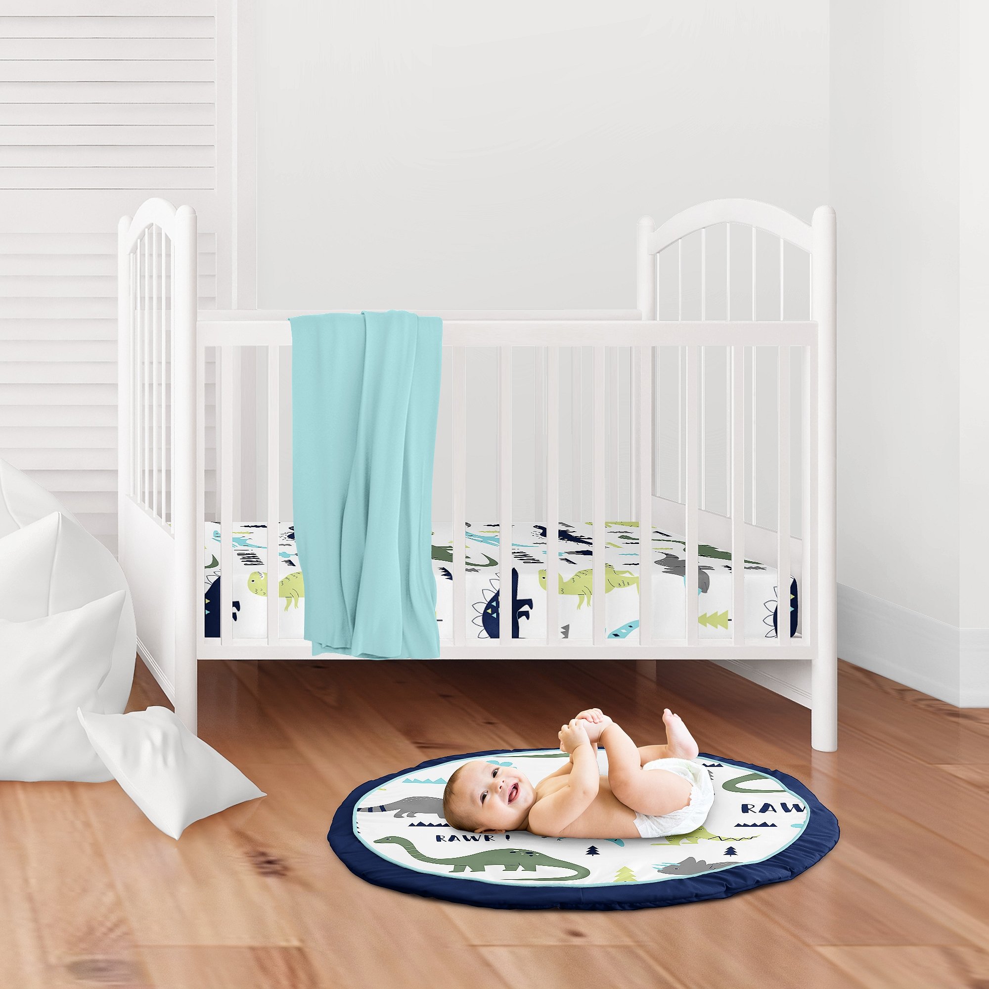 Sweet Jojo Designs Blue and Green Dino Playmat Tummy Time Baby and Infant Play Mat for Mod Dinosaur Collection