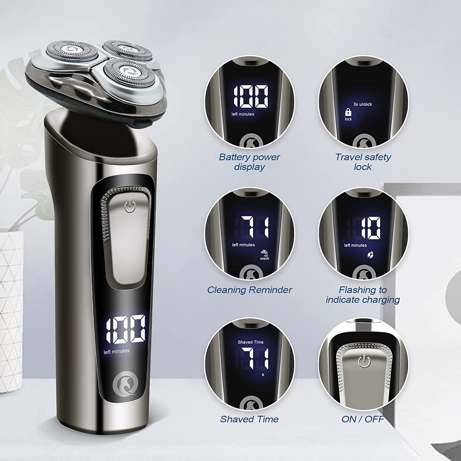 Electric Shaver for Men, Yevheniys Wet and Dry Rechargeable Cordless Beard Shavers 3 in 1 Waterproof Rotary Face Shaver Razors Suitable Gifts for Men - USB Cable Charging