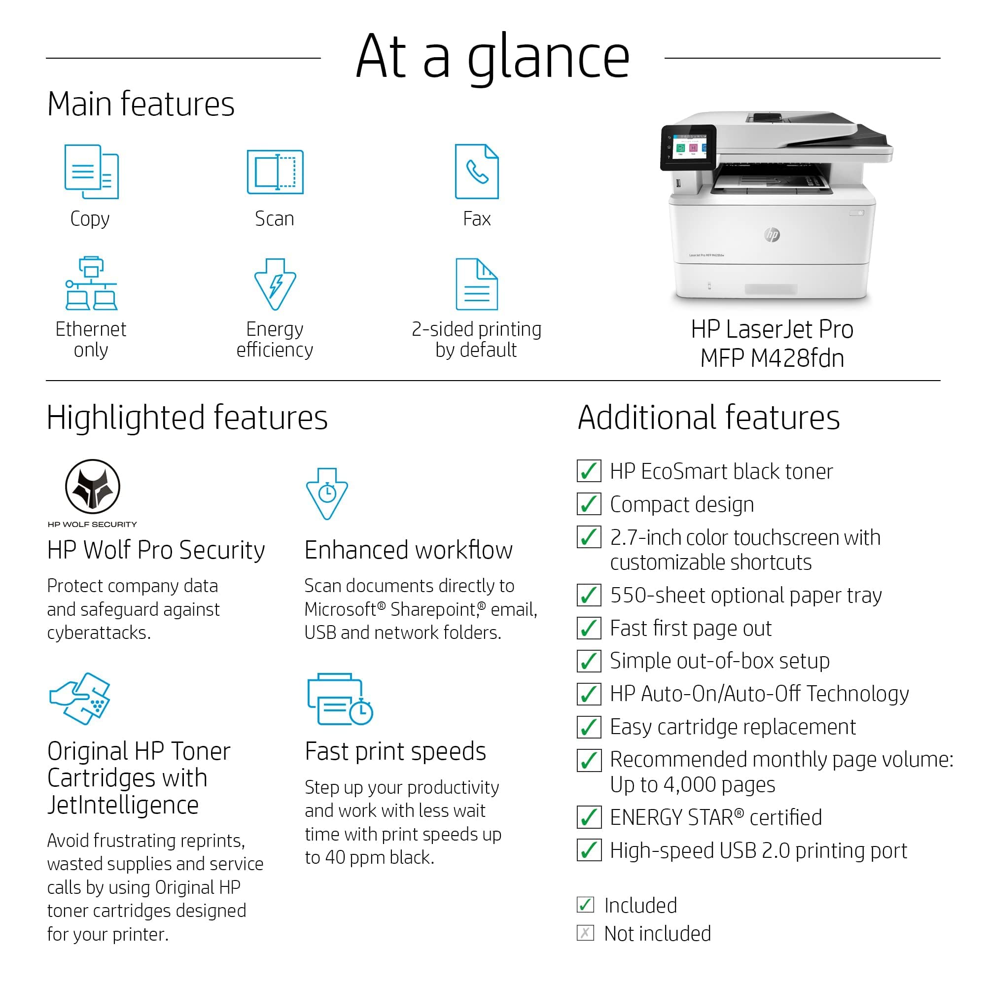 HP Laserjet Pro MFP M428fdn Monochrome Laser All-in-One Printer, Print Scan Copy Fax, Automatic 2-Sided Printing, 40 ppm, 250-sheet, 1200 x 1200 dpi, 512 MB, Bundle with JAWFOAL Printer Cable
