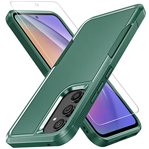 JXVM for Samsung Galaxy A54 5G Case: Shockproof Dual Layer Tough Phone Cover Protective with Tempered Glass Screen Protector Rugged - Military Grade Heavy Duty Protection, 6.4inch, 2023 (Dark Green)