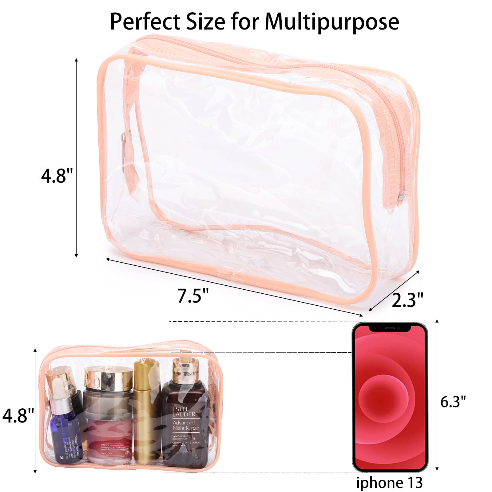 Tbestmax 10 Pcs Clear Cosmetic Bags Small Makeup Bags Portable Waterproof Travel Toiletry Bags Organizer Peach Pink, 7.5"x 4.8"x 2.3"