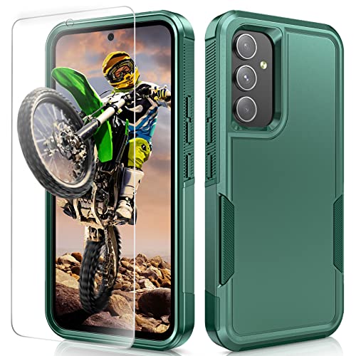 JXVM for Samsung Galaxy A54 5G Case: Shockproof Dual Layer Tough Phone Cover Protective with Tempered Glass Screen Protector Rugged - Military Grade Heavy Duty Protection, 6.4inch, 2023 (Dark Green)
