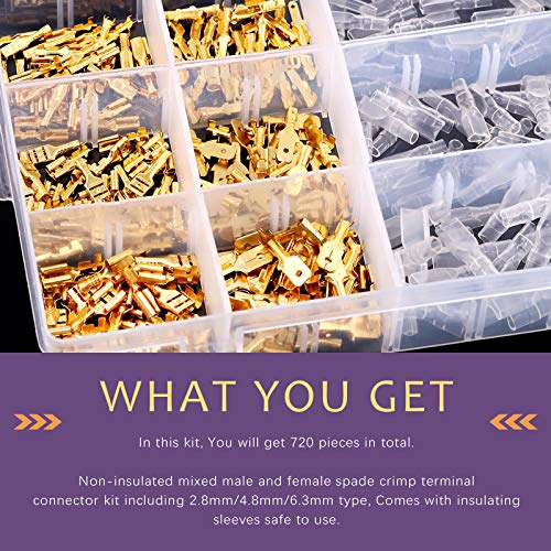 Swpeet 720Pcs Gold 2.8/4.8/6.3mm Male and Female Spade Quick Connectors Wire Crimp Terminal Block with Insulating Sleeve Assortment Kit Perfect for Electrical Wiring Car Audio Speaker
