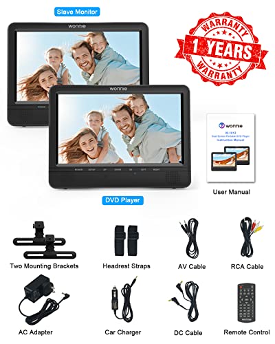 WONNIE 10" Car DVD Player with Dual Screen, Portable Headrest Video Player for Kids, 5 Hours Rechargeable Battery, Support Sync to TV, Last Memory,USB/SD, AV Out&in( 1 Player+1 Monitor)