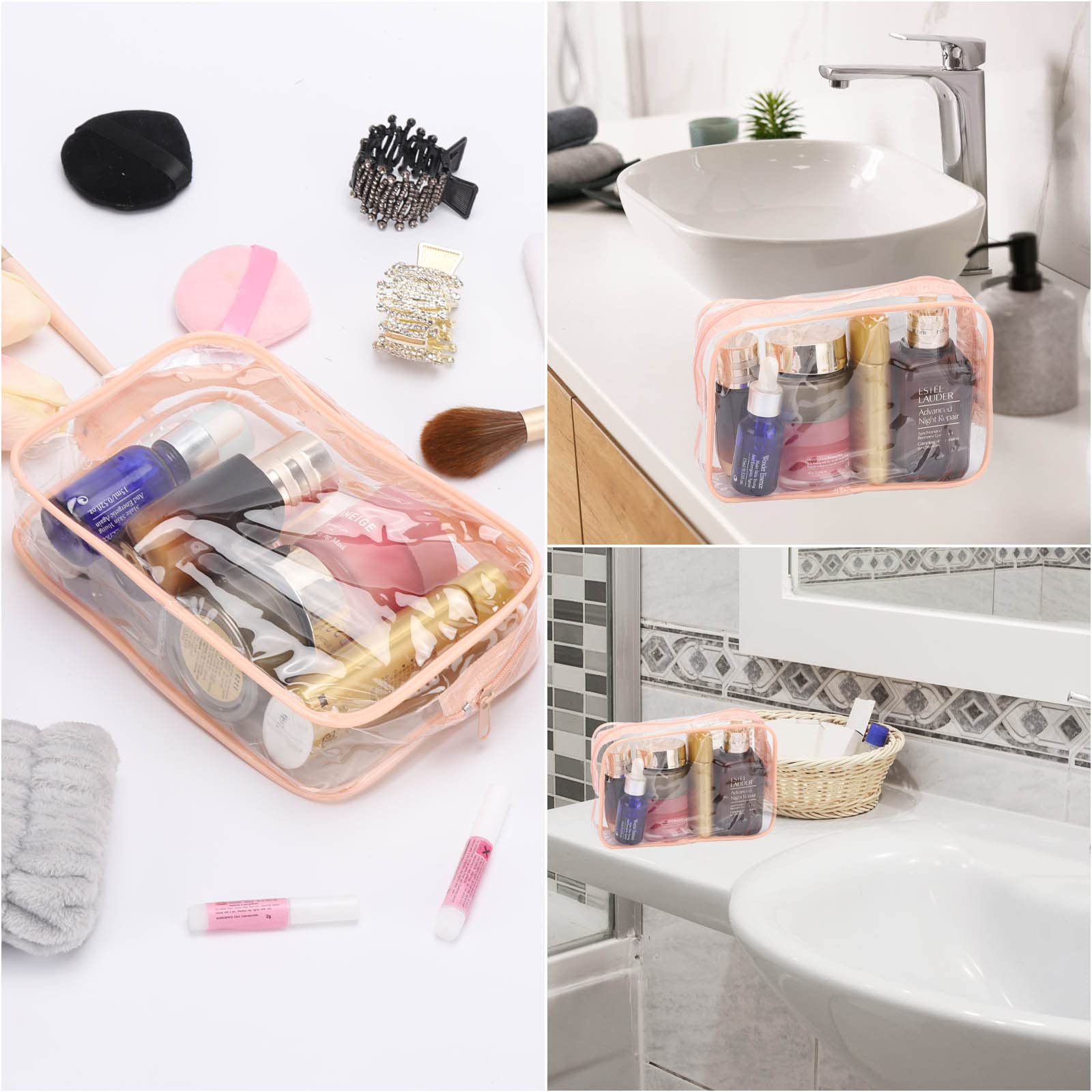Tbestmax 10 Pcs Clear Cosmetic Bags Small Makeup Bags Portable Waterproof Travel Toiletry Bags Organizer Peach Pink, 7.5"x 4.8"x 2.3"