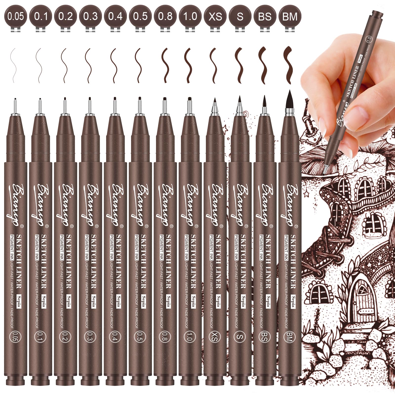 Bianyo Sepia Pigment Ink Micro-Pen Fineliners, 9 Assorted Sizes with a Zipper Pouch, Water-Resistant Archival Ink Pens for Drawing, Sketching, Bullet journaling, Note-taking, Accounting, Handwriting