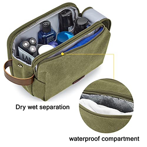 BAGSMART Toiletry Bag for Men, Canvas Travel Toiletry Organizer Dopp Kit Water-resistant Shaving Bag for Toiletries Accessories,Green-Large