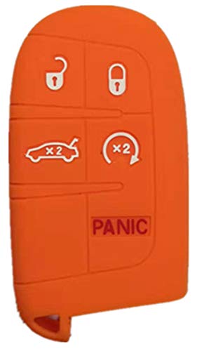 RUNZUIE Silicone Keyless Entry Remote Key Fob Cover Case Fit for Jeep Grand Cherokee Dodge Challenger Charger Dart Durango Journey Chrysler 200 300 (Orange 5 Buttons)
