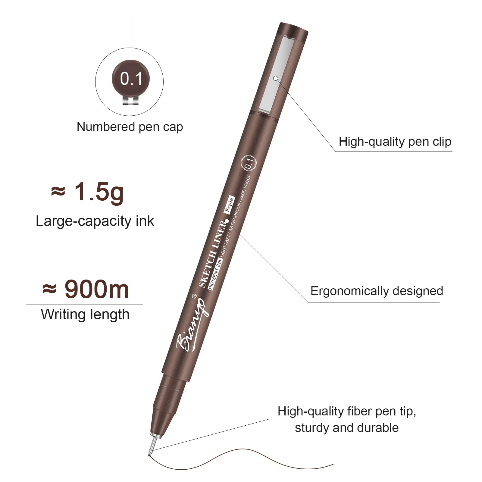 Bianyo Sepia Pigment Ink Micro-Pen Fineliners, 9 Assorted Sizes with a Zipper Pouch, Water-Resistant Archival Ink Pens for Drawing, Sketching, Bullet journaling, Note-taking, Accounting, Handwriting