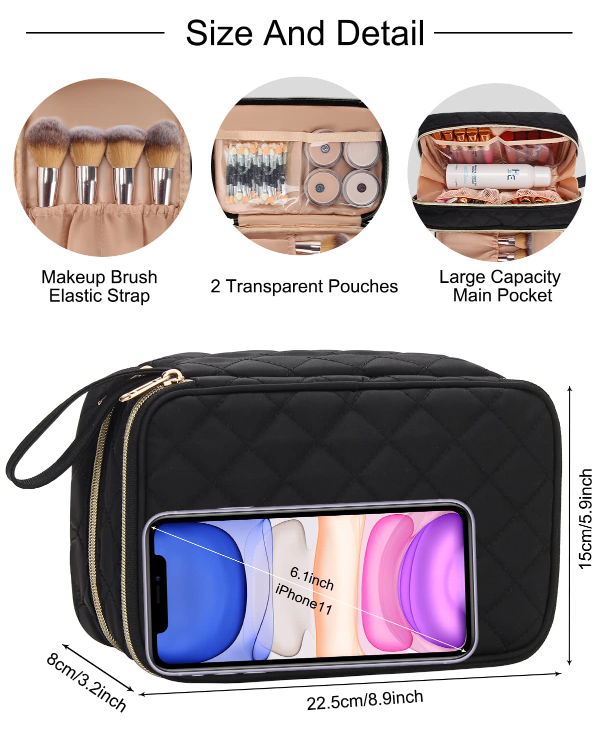 MONSTINA Travel Makeup Bag,Double Layer Toiletry Organizer Women Makeup Brush Bag Cosmetic Case Portable Large Wide-open Pouch Brush Holder Purse Bag