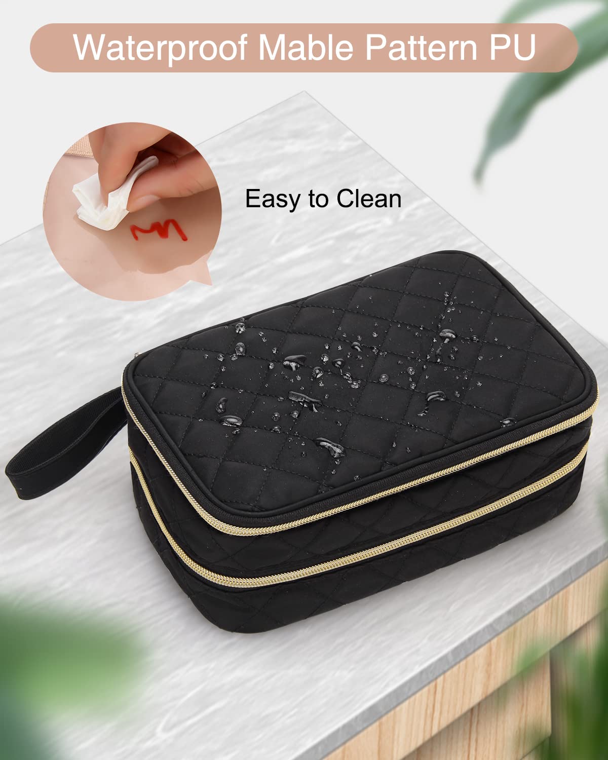 MONSTINA Travel Makeup Bag,Double Layer Toiletry Organizer Women Makeup Brush Bag Cosmetic Case Portable Large Wide-open Pouch Brush Holder Purse Bag