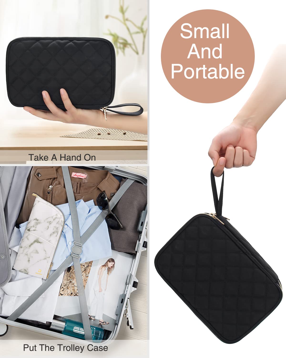 MONSTINA Travel Makeup Bag,Double Layer Toiletry Organizer Women Makeup Brush Bag Cosmetic Case Portable Large Wide-open Pouch Brush Holder Purse Bag