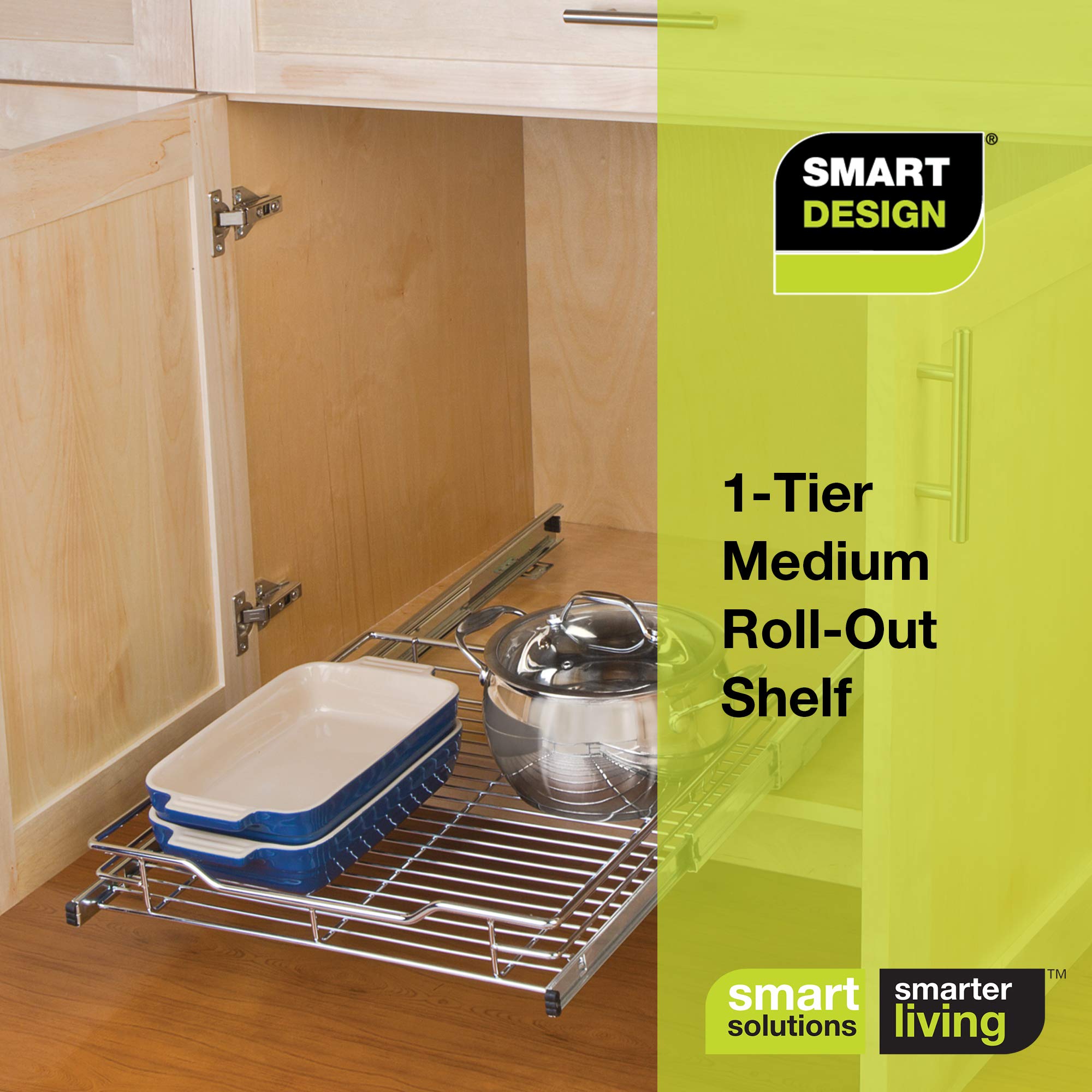 Smart Design Pull Out Cabinet Shelf - Medium - Smooth Roll Extendable Sliding Drawer - Holds 100 lbs - Steel Metal Wire - Sink Tray, Kitchen Organizer Basket, Pantry Spice Rack - 14.5 Inch x 18-35 - Chrome