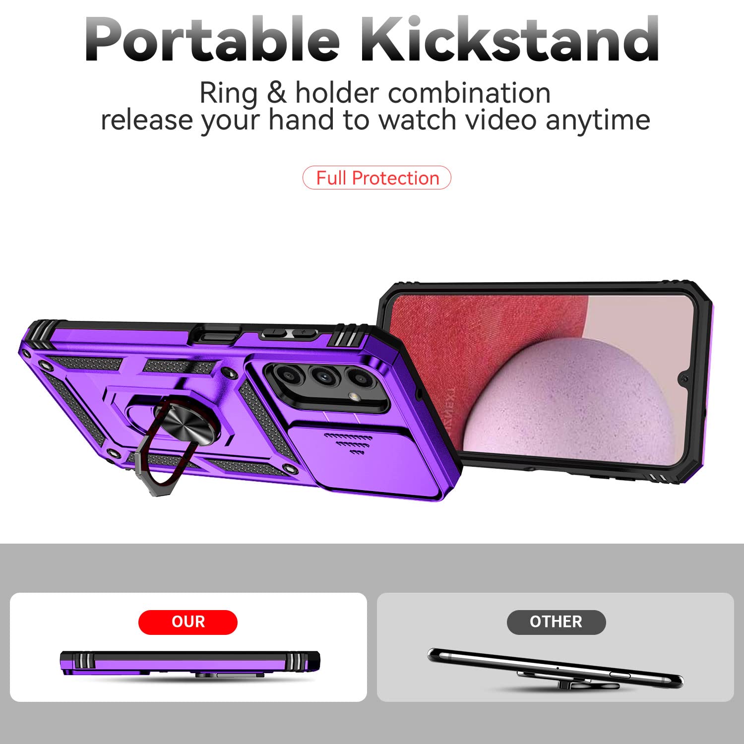 for Galaxy A14 5G Phone Case,Galaxy A14 5G Case,with Screen Protectors and Camera Cover,[Military Grade] 16ft.Drop Tested Cover with Magnetic Kickstand Protective Case for Samsung A14 5G, Purple