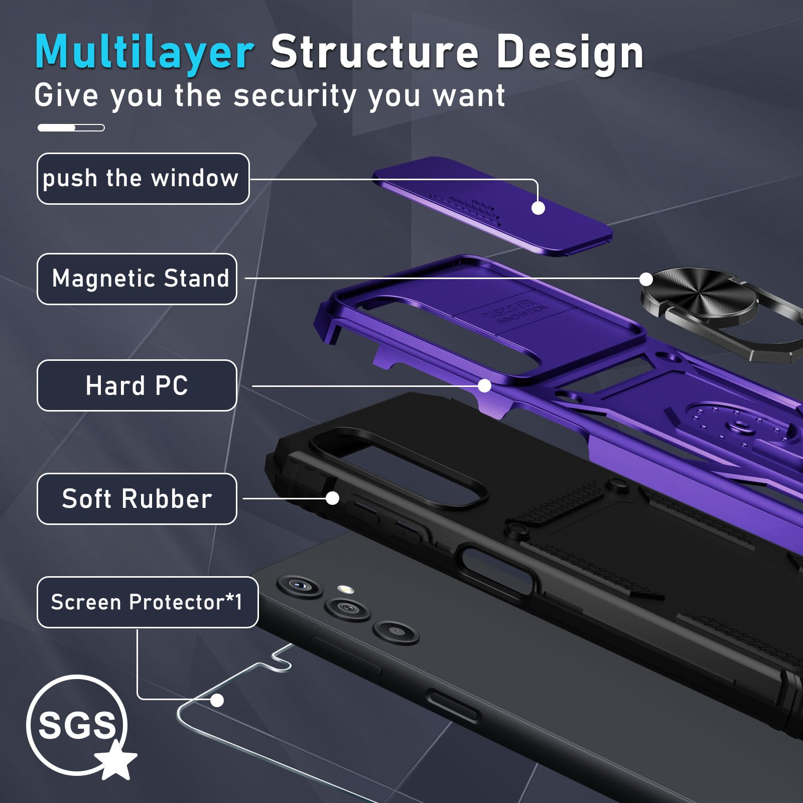 Janmitta Compatible with Samsung Galaxy A14 5G Case Built in Slide Camera Lens Cover and Screen Protector,Heavy Duty Full Body Phone Cover Built in Ring Holder Kickstand,2023 Purple