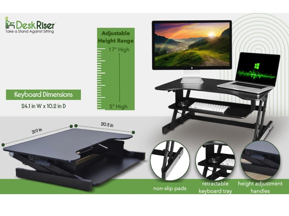 The House of Trade Standing Desk | Desk Riser Classic Stand Up Desk | 32 in Wide Fits 2 Monitors with Retractable Keyboard Tray (Black, 32" Wide)