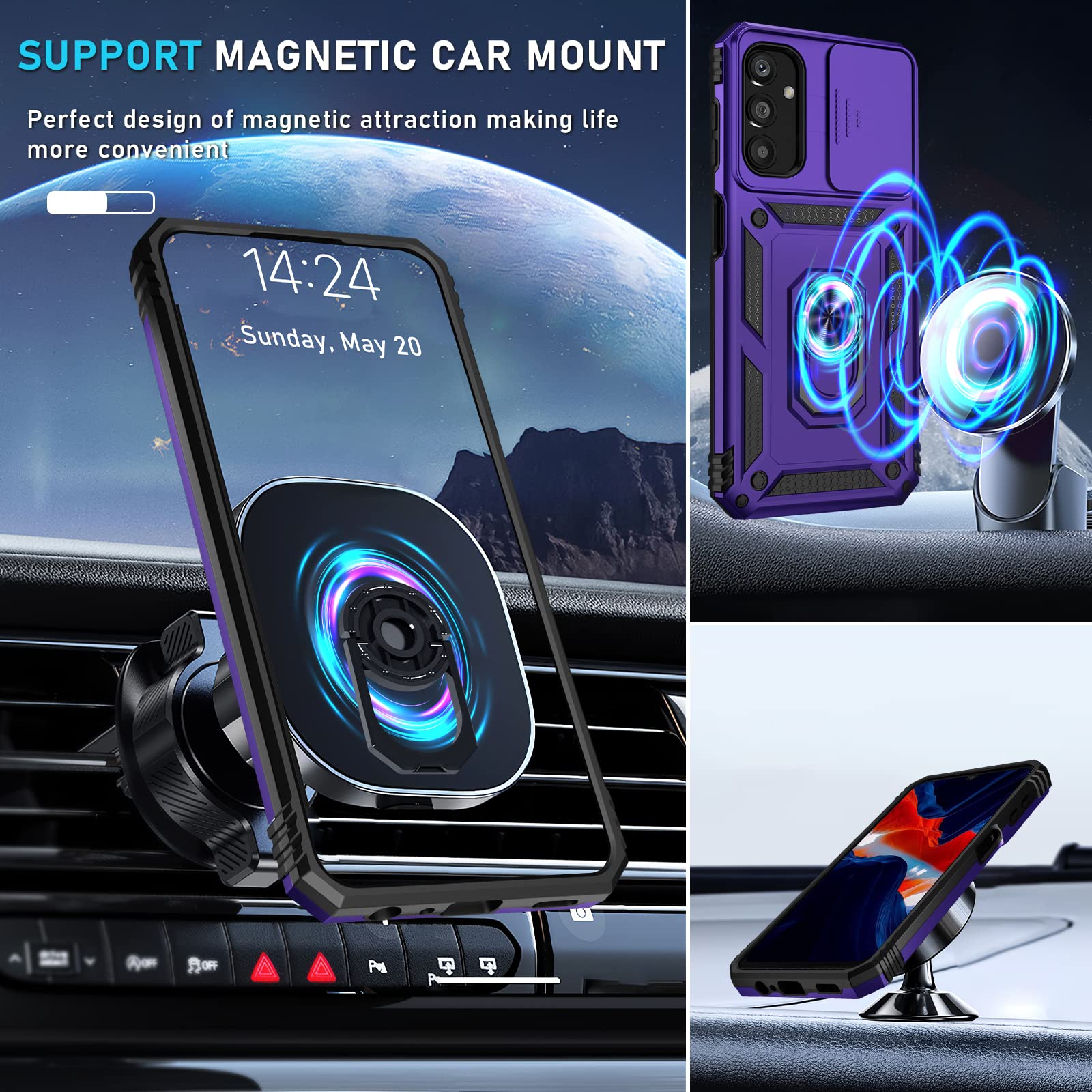 Janmitta Compatible with Samsung Galaxy A14 5G Case Built in Slide Camera Lens Cover and Screen Protector,Heavy Duty Full Body Phone Cover Built in Ring Holder Kickstand,2023 Purple